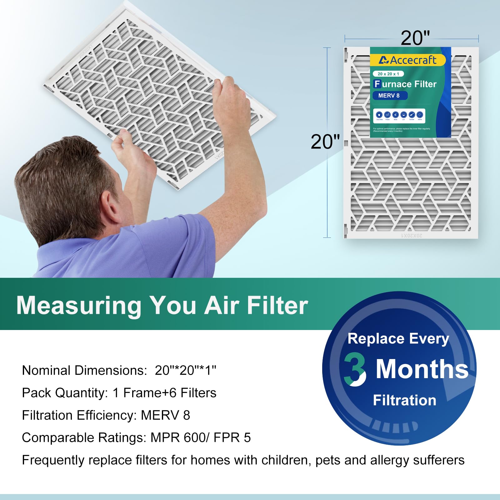 Accecraft 20x20x1 Furnace Air Filter Kit MERV 8 (6-Pack), Reusable ABS ...