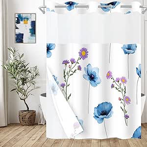 Amazon.com: TWLSNCD No Hook Floral Shower Curtain with Snap in Fabric Liner Set - Navy Blue ...