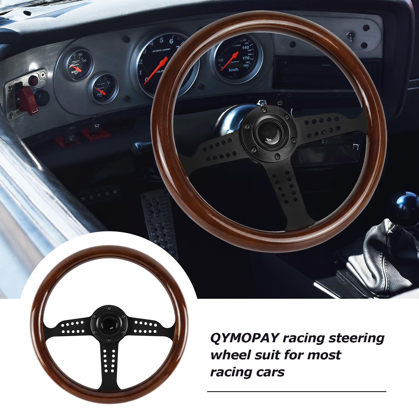 Snapklik.com : QYMOPAY 14 Inch Wooden Racing Steering Wheel, Universal ...