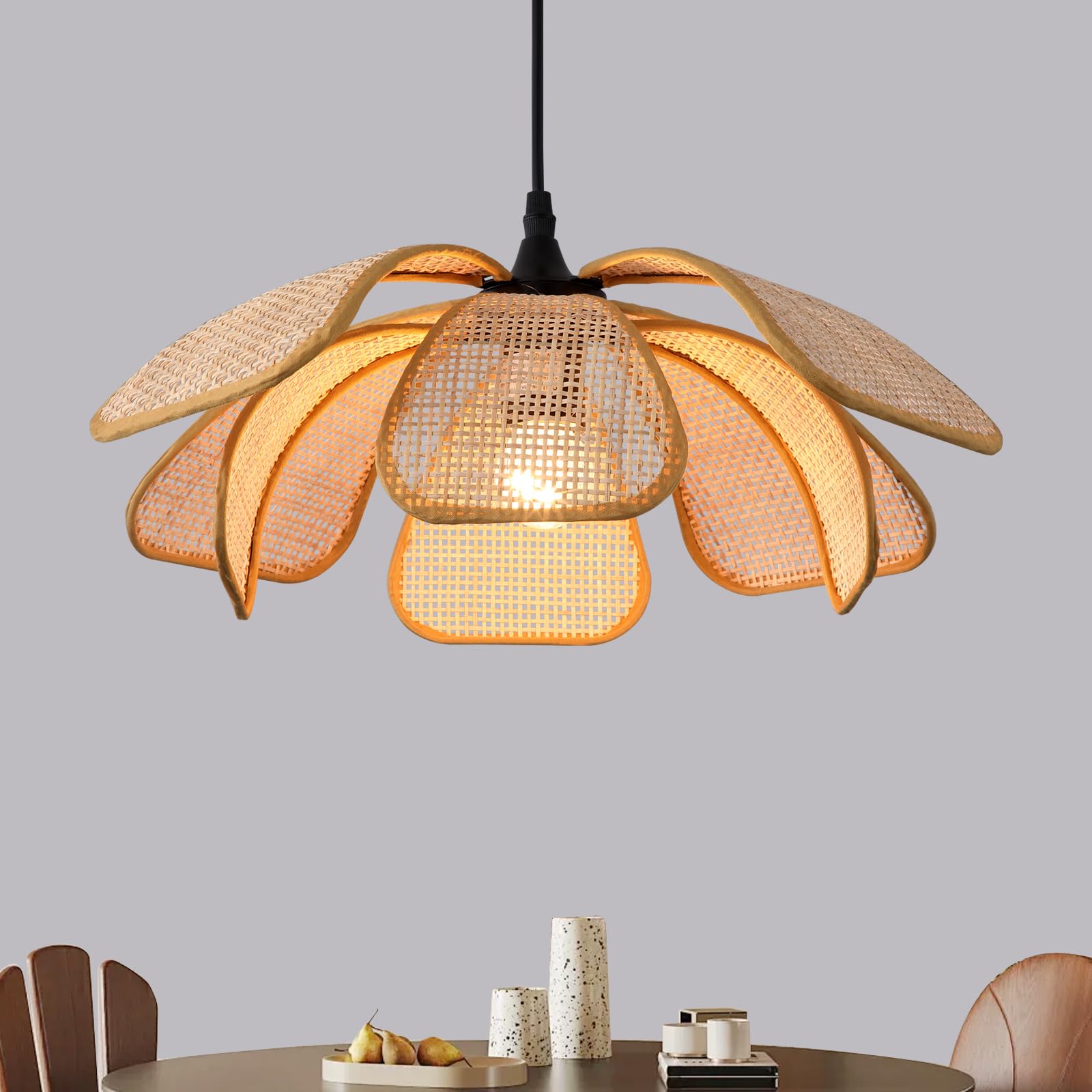 Q&S Natural Rattan Pendant Light Fixtures,Boho Petal Hanging Pendant ...