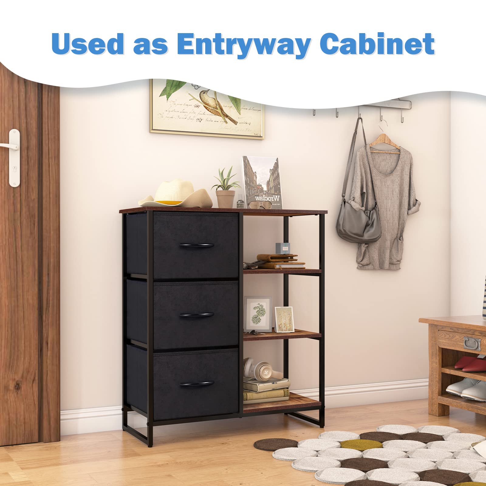 LYNCOHOME 3 Drawer Dresser with Shelves, Storage Cabinet with Drawers ...