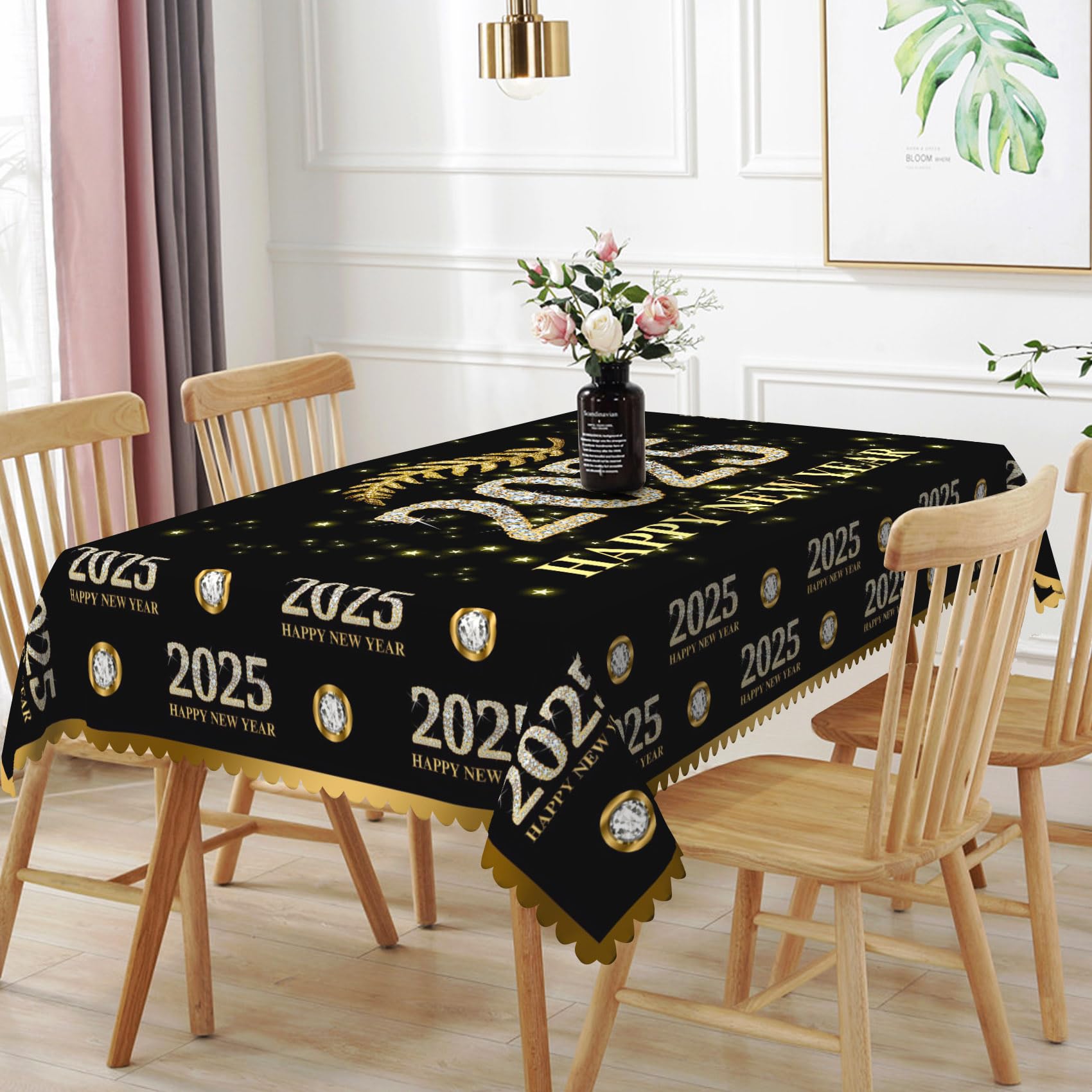Amazon.com: Laeacco 54x108 inch 2025 Happy New Year Tablecloth Black ...