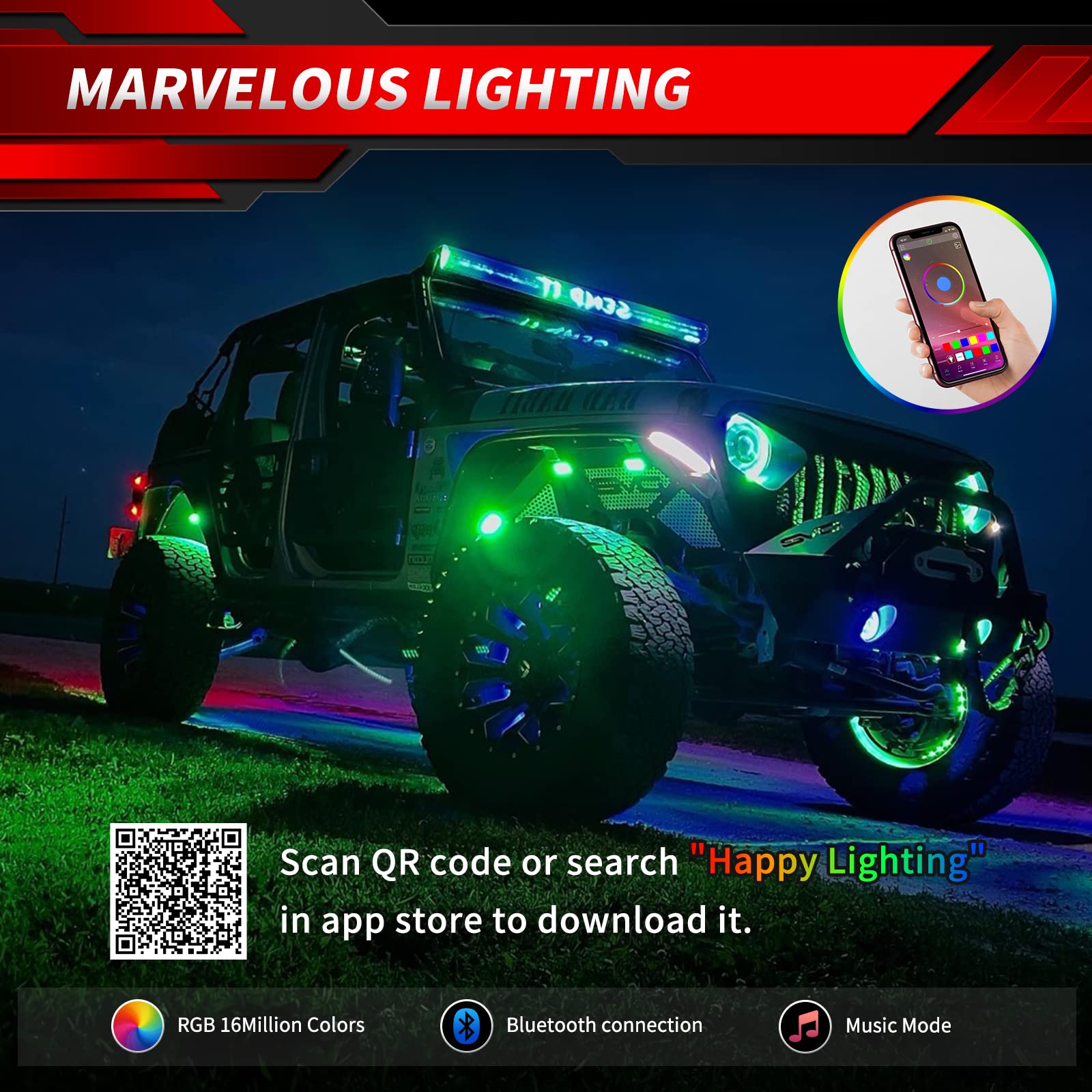 Snapklik.com : 4WDKING RGB LED Rock Lights - 8 Pods Multicolor Rock ...