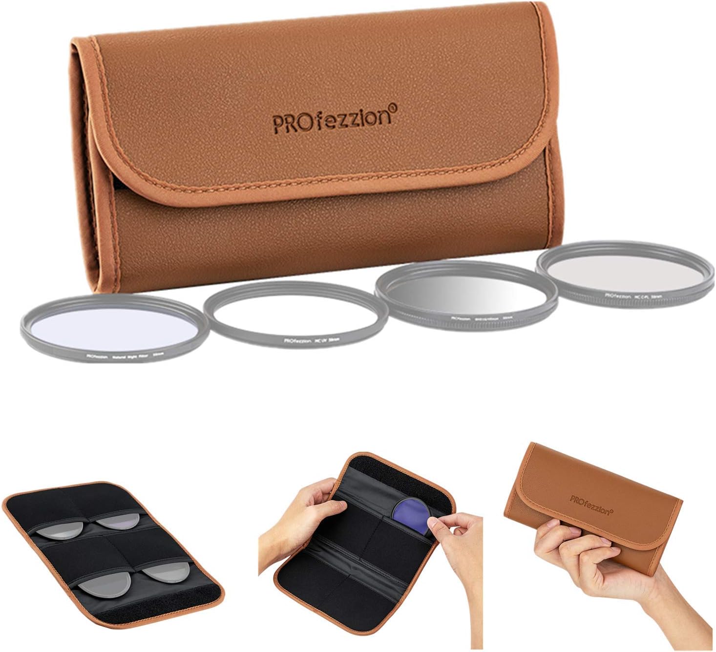Amazon | PROfezzion 4枚入 フィルターケース CPL UV ND GND など 4枚 58mm までの フィルター 収納可能 折り畳み式 フィルターポーチ ブラウン S ...