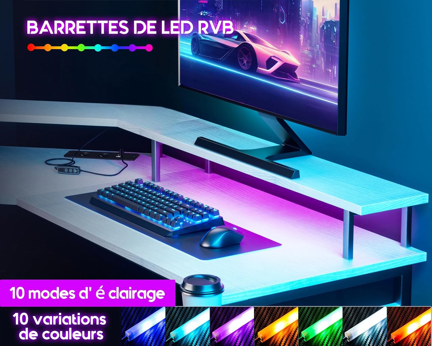 ODK Gaming Corner Desk with LED, Outlets, and USB Ports, White, 129x129 ...