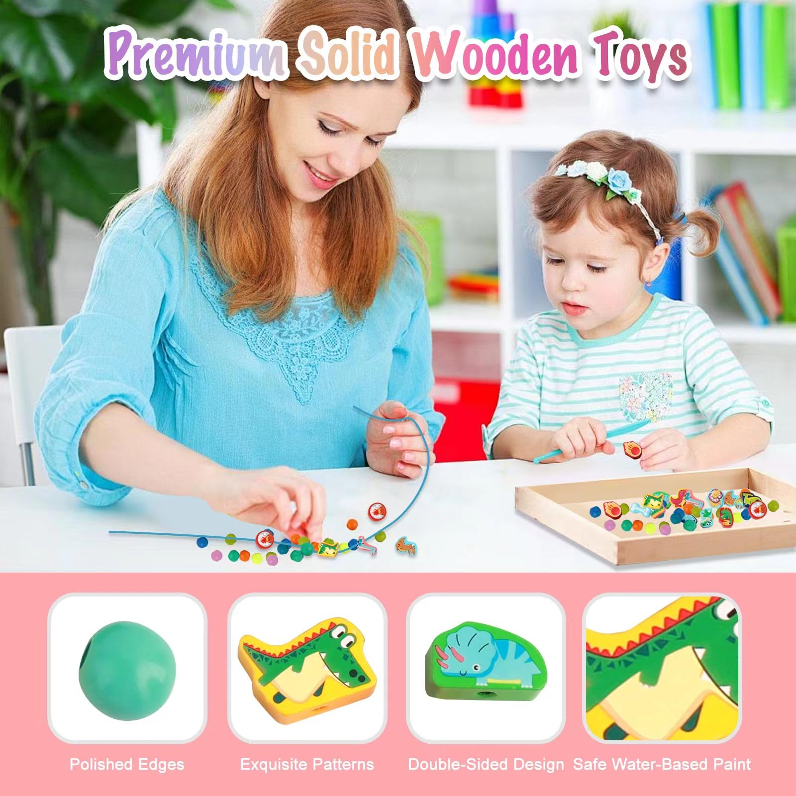 Wooden Toy Threading Game Set, 41 Pieces Dinosaur Animals Threading ...