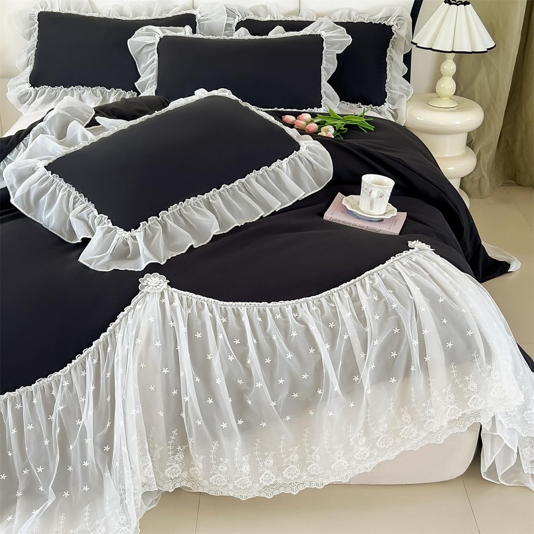 Amazon.com: IHOUSTRIY Lace Duvet Cover Twin Size, Chiffon Ruffled ...