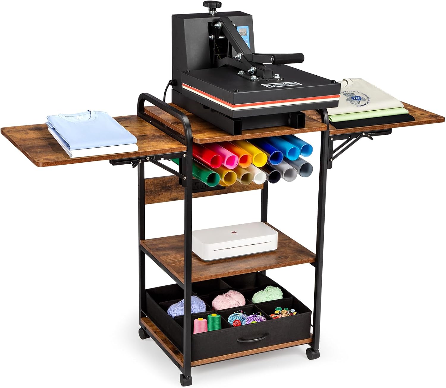 Amazon.com: OLBRUS 3 Tier Movable Heat Press Table with Folding Shelf ...