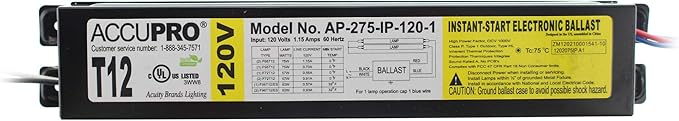 Accupro AP-275-IP-120-1 Electronic Fluorescent Ballast, 2-Lamp, T12 ...