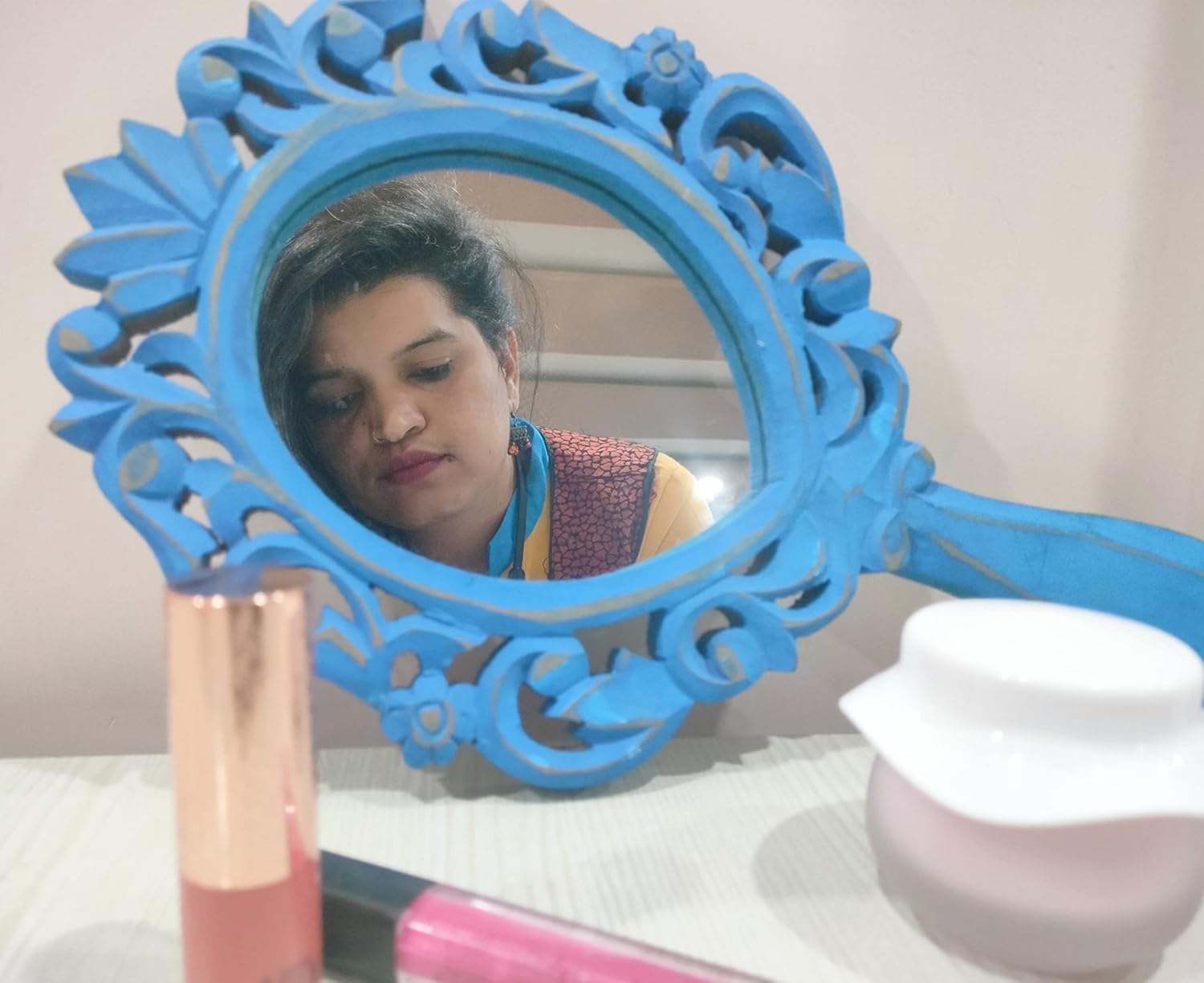 Handcrafted Wooden Hand Held Mirror Blue Floral Design with Handle ...