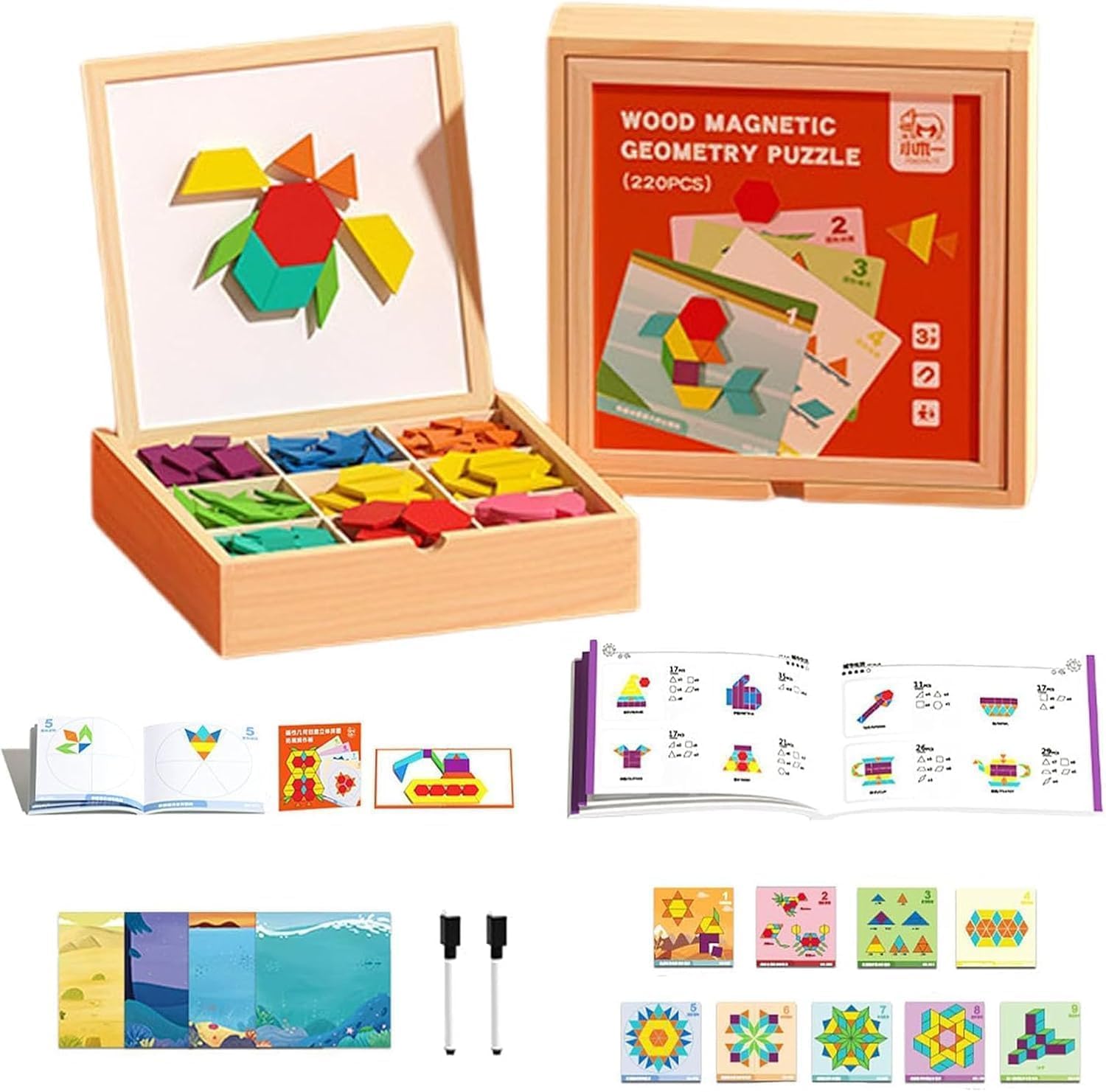 Wooden Magnetic Pattern Blocks Set,220PCS Early Math Geometric Learning ...