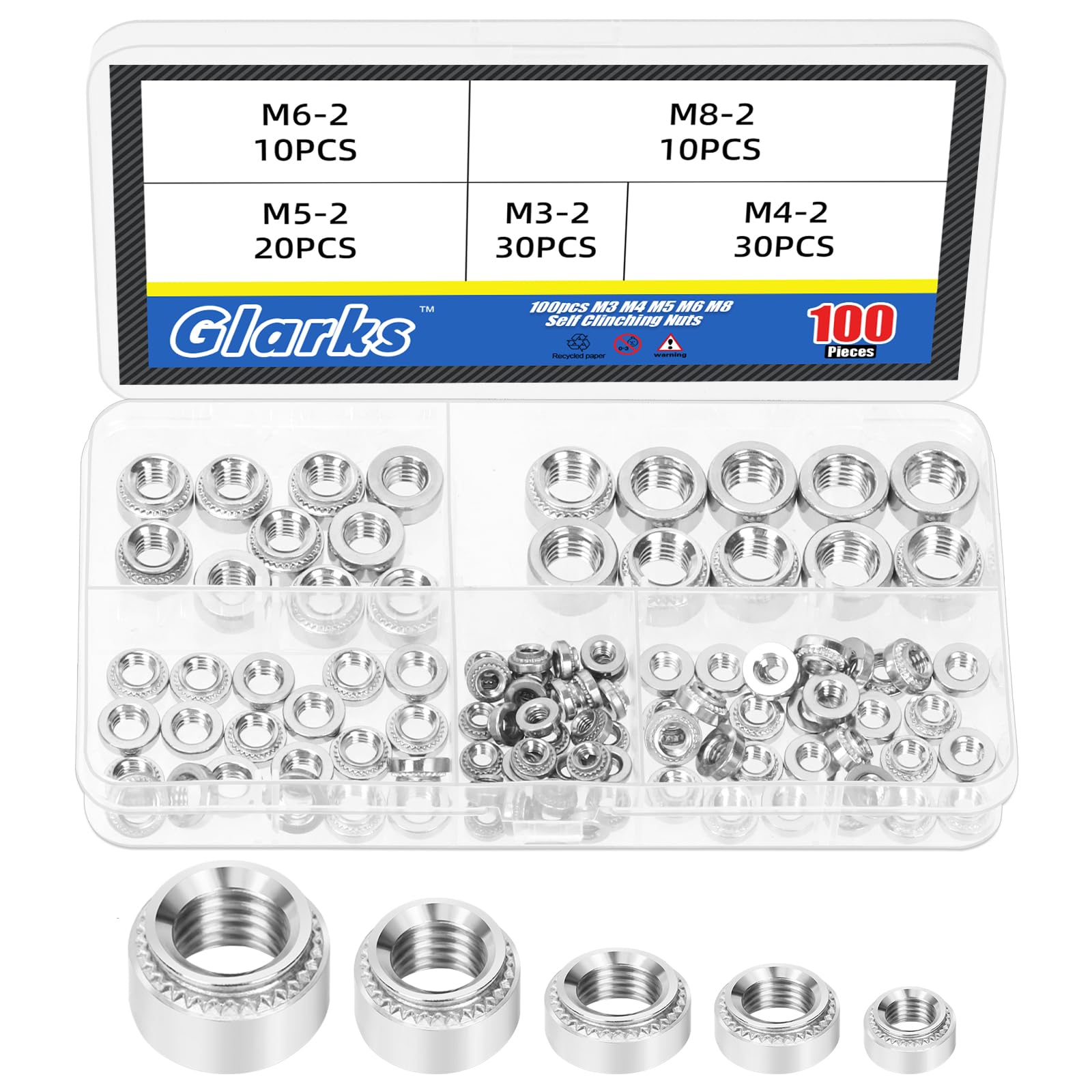 Glarks 100pcs M3 M4 M5 M6 M8 Self Clinching Nuts Kit, 304 Stainless ...