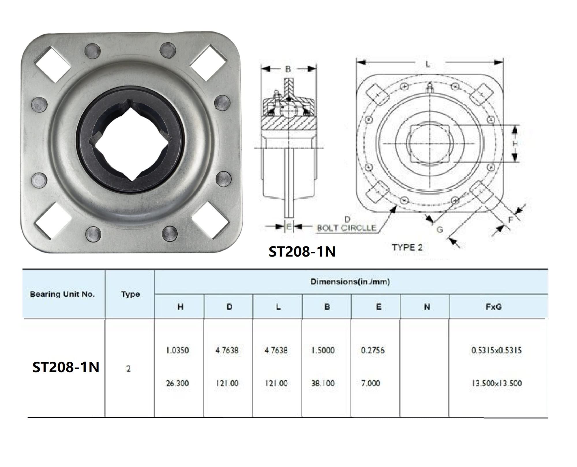 Snapklik.com : ST208-1N 1" Square Disc Harrow Flange Bearing Unit