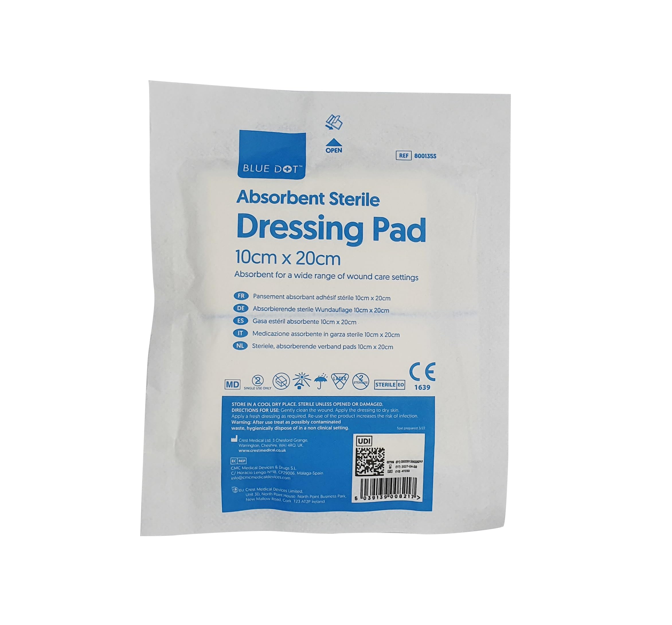 Blue Dot Sterile Absorbent Dressing Pads, 10cm x 20cm Size, Pack of 1 ...