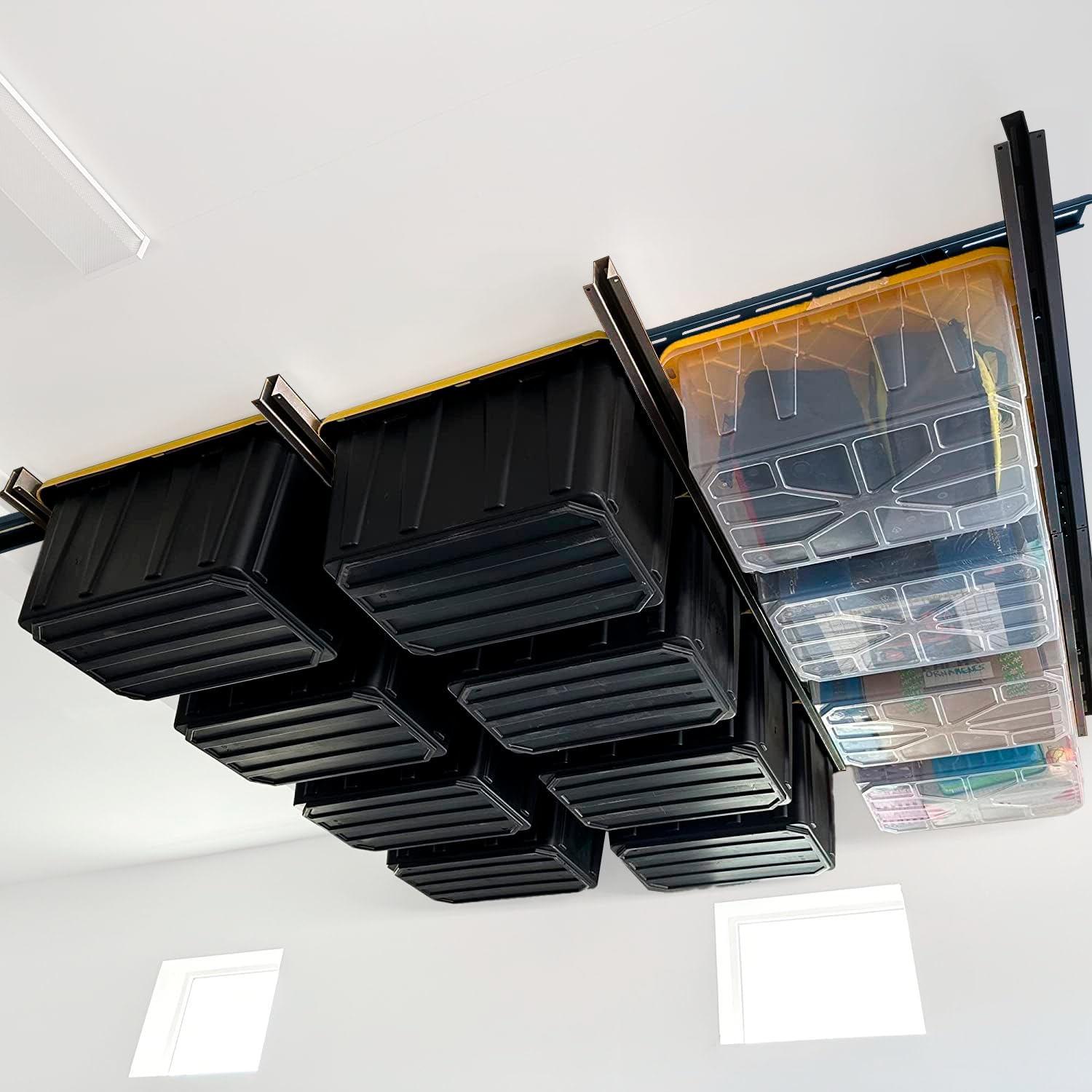 GARAGE STORAGE TOTE SLIDE RACK Overhead Tote Storage Rail System ...