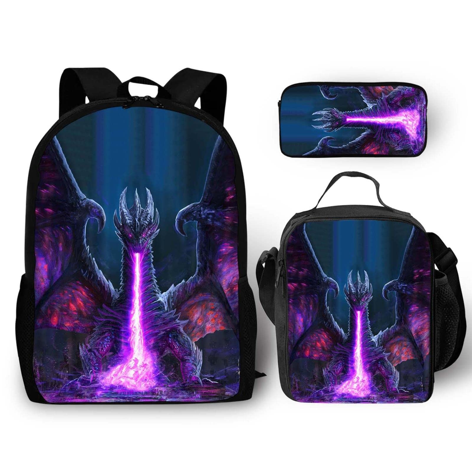 Wtiqlky 3 Piece Backpack Set Teens Purple Dragon2 Canvas School Bags ...