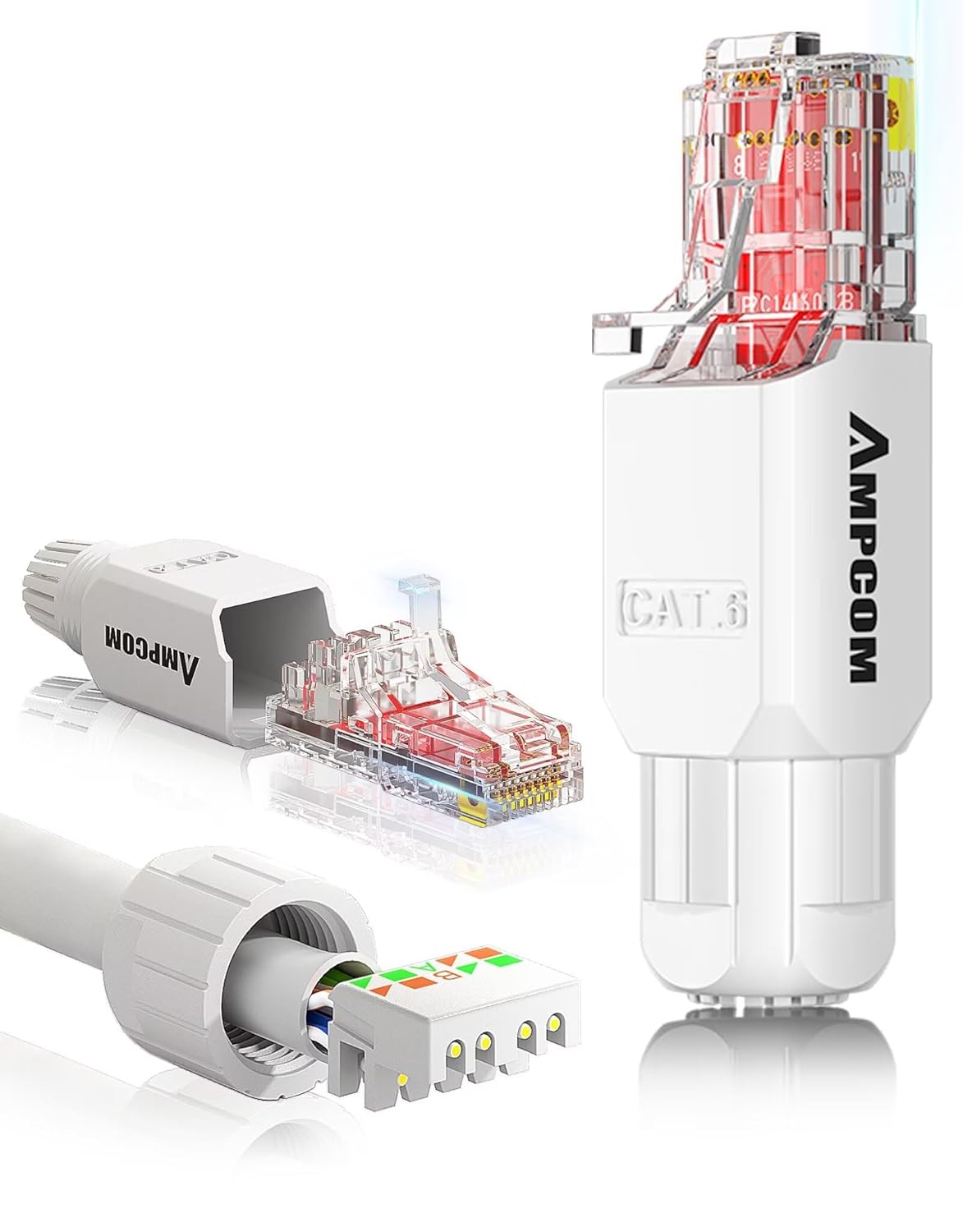 AMPCOM Cat6 Tool Free RJ45 Connector UTP Field Termination Modular Plug ...