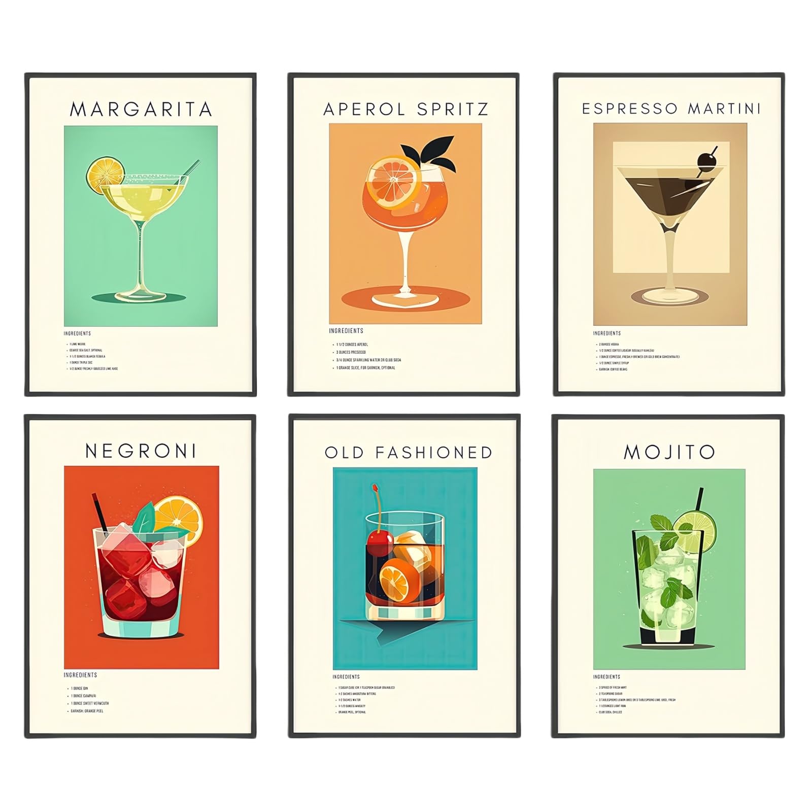 Bar Cart Decor - Vintage Cocktail Poster Wall Decor Set of 6, Danish ...