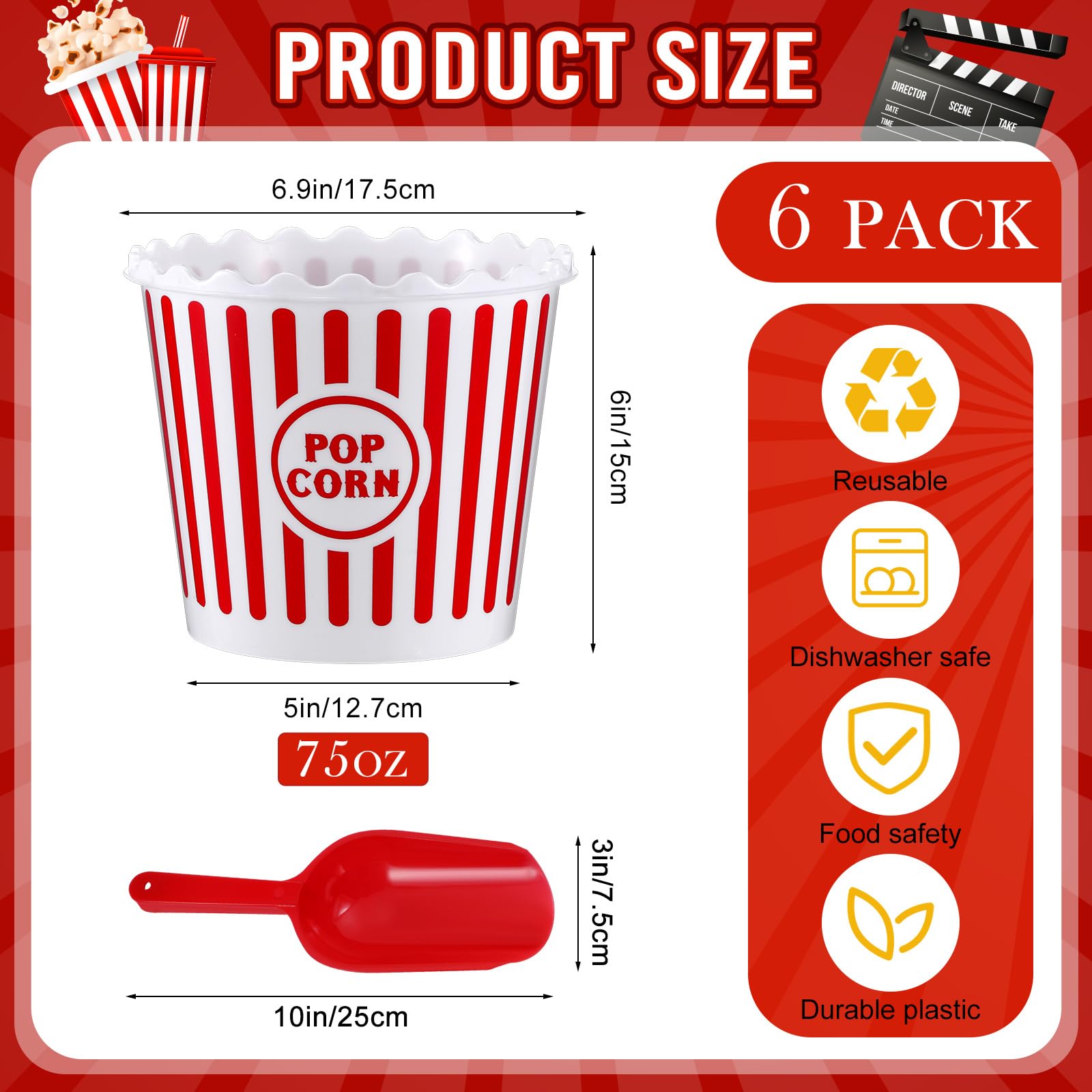 Roshtia 6 Pieces Plastic Popcorn Containers Reusable 75 oz Popcorn Bowl ...