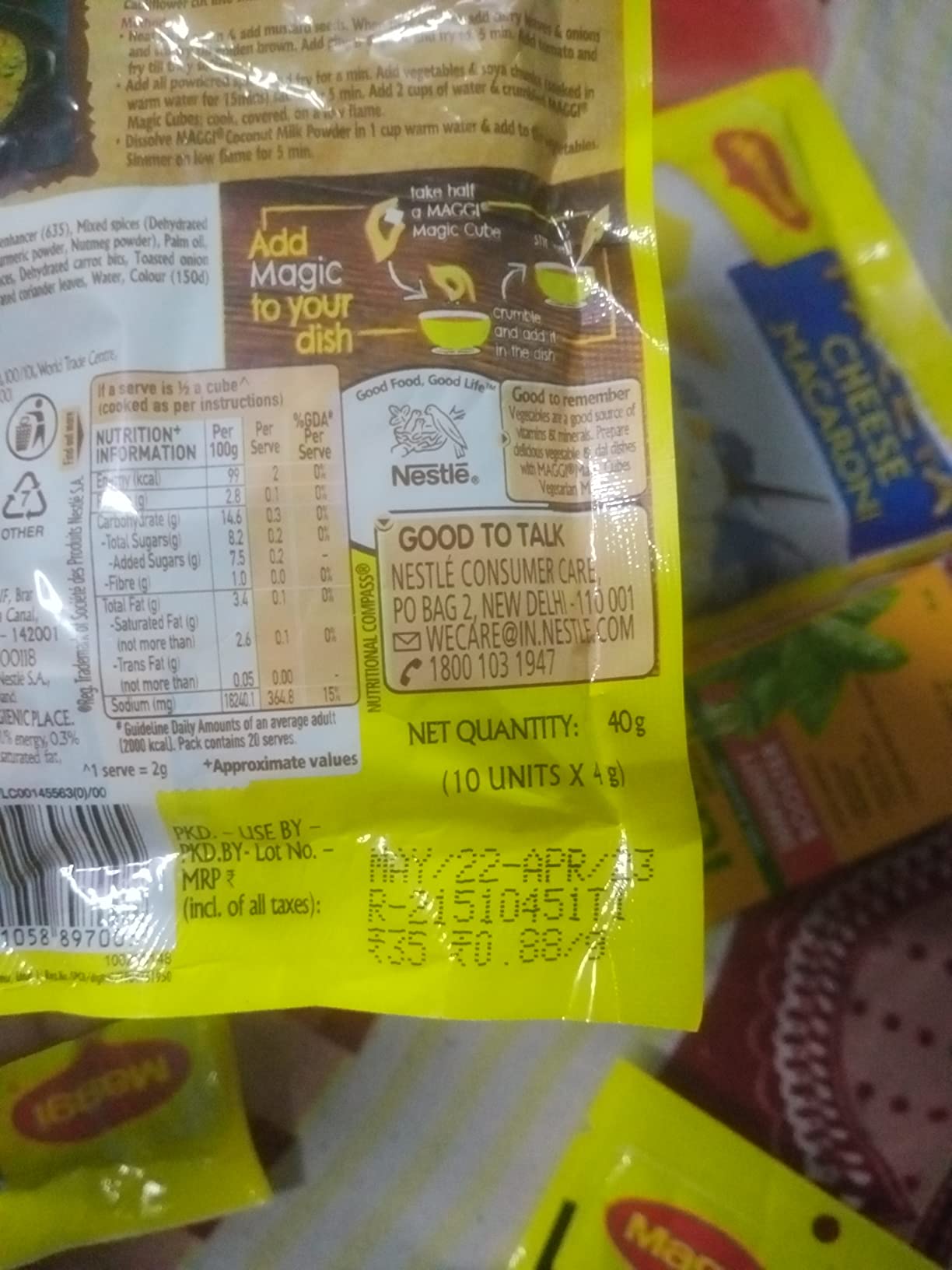 MAGGI Nestle MAGIC Cubes, Vegetarian Masala (10 Units x 4g), 40g, Pouch ...