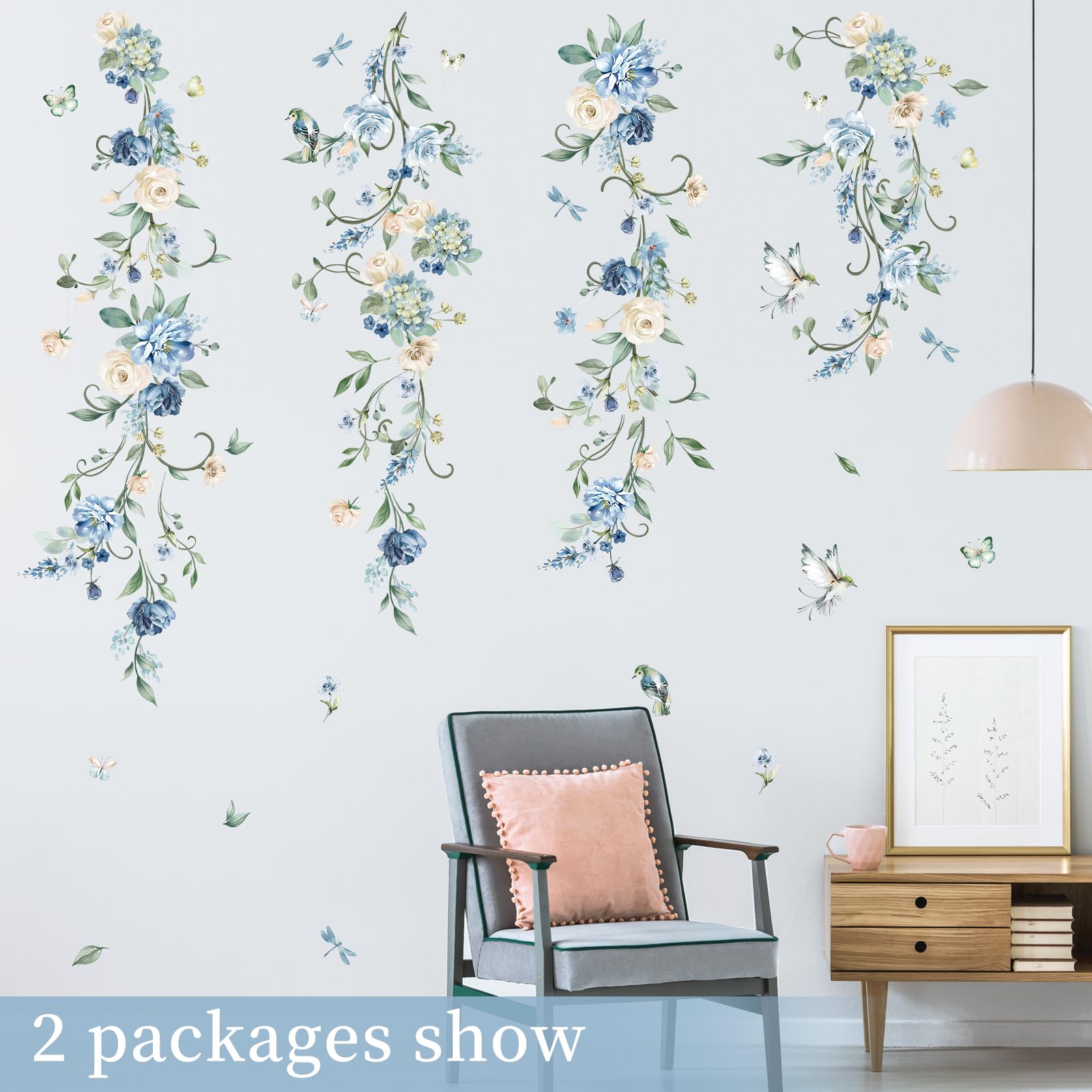 wondever Flower Vines Wall Stickers Blue Rose Watercolor Floral Peel ...