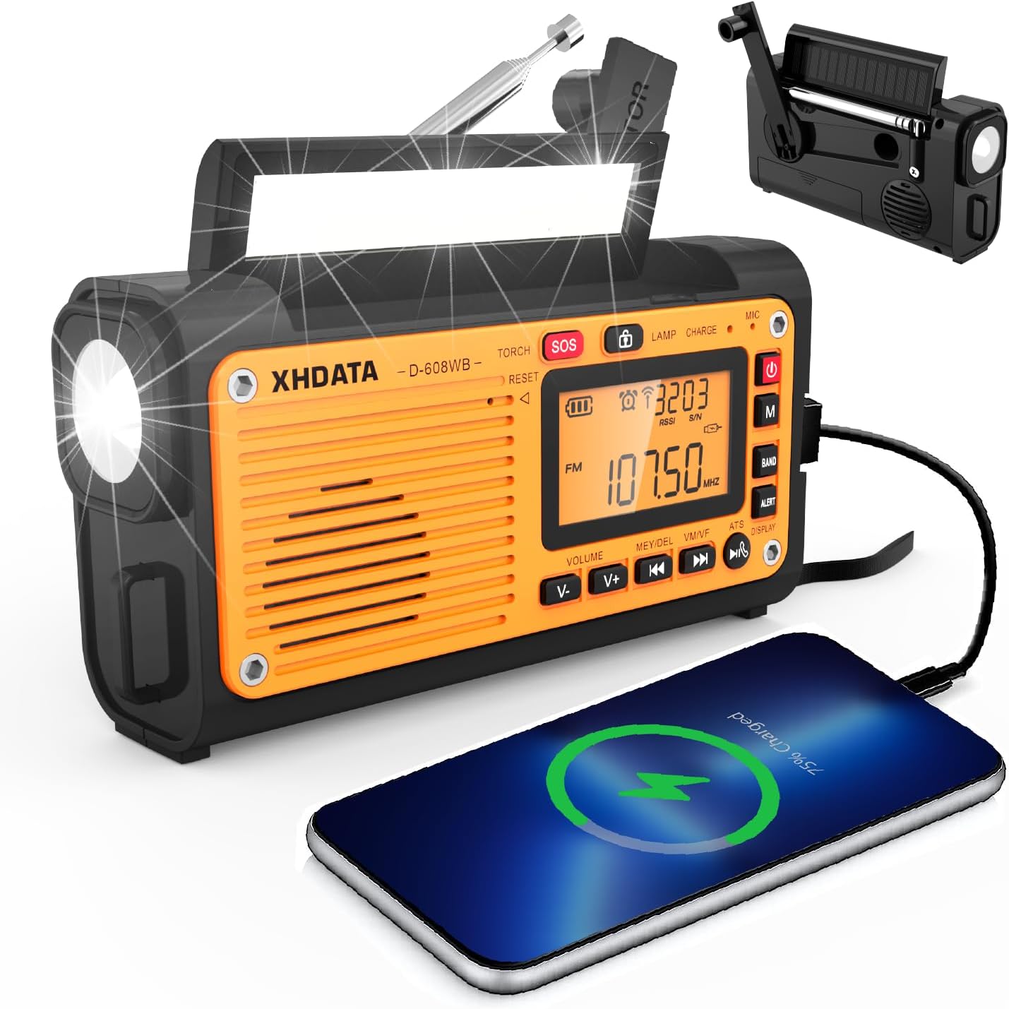 XHDATA D-608WB Wind Up FM/AM/SW Radio Torch Solar Hand Crank Emergency ...