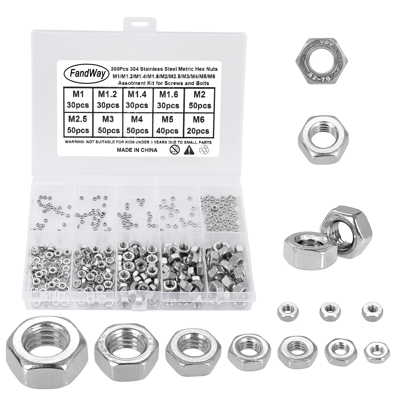 FandWay 380Pcs Metric 304 Stainless Steel Hex Nuts Assortment Kit for ...