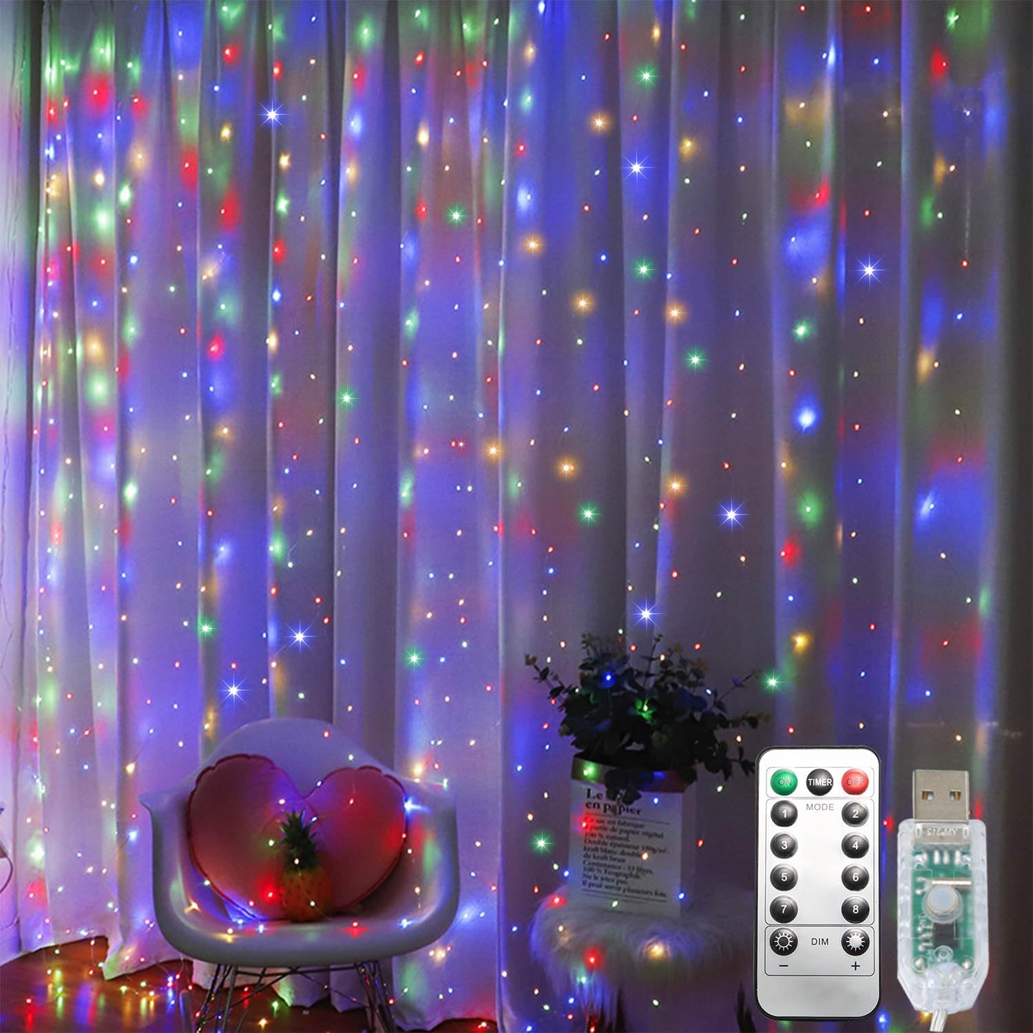 300 LED Curtain String Lights, Fairy Lights with 8 Light Modes, 9.8x9 ...