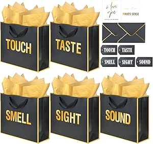 Amazon.com: Large Gold Foil 5 Senses Gift Bags For Him Her with Labels ...