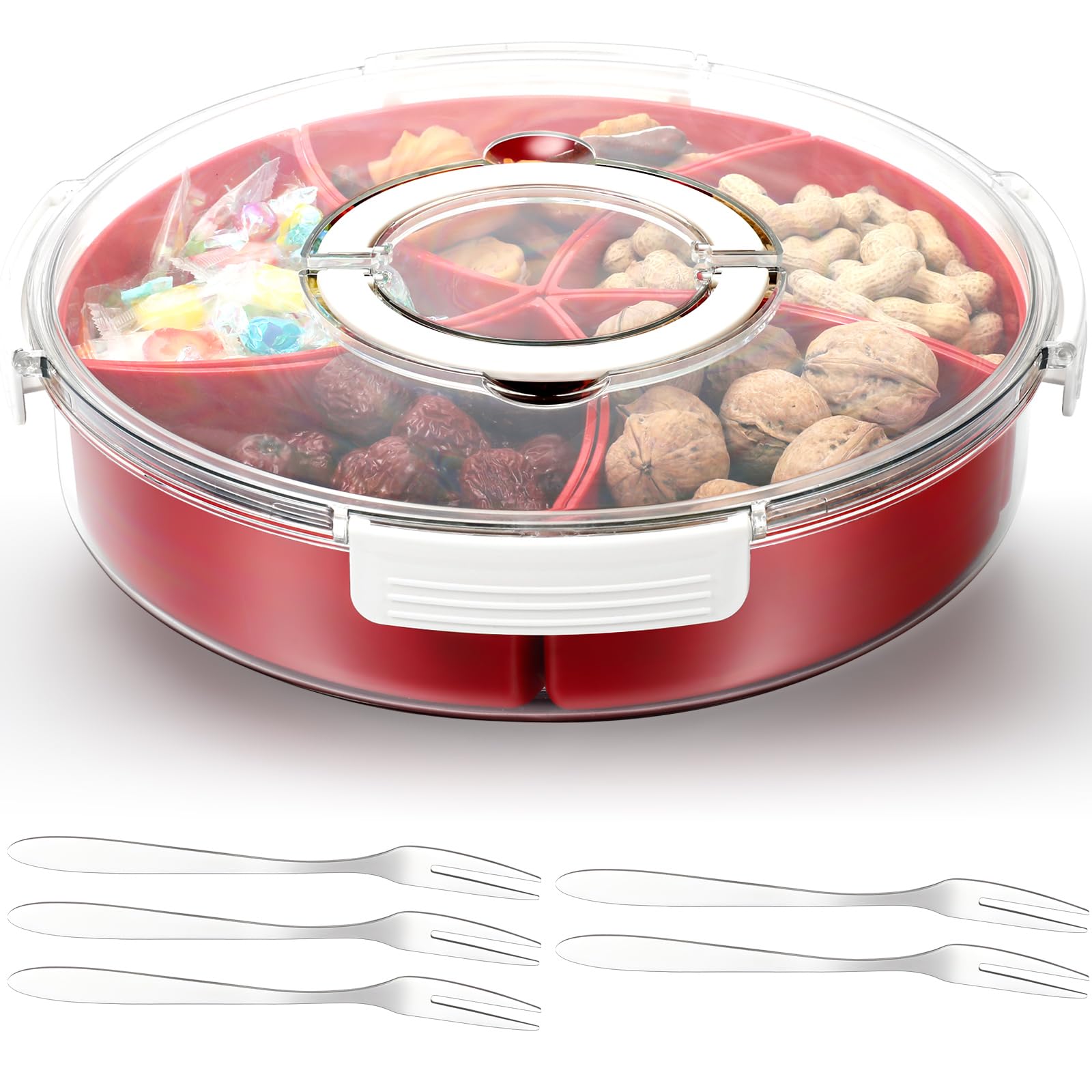 Divided Snack Serving Tray with Lid Handle and 5 Forks, 12.4" x 12.4" x ...