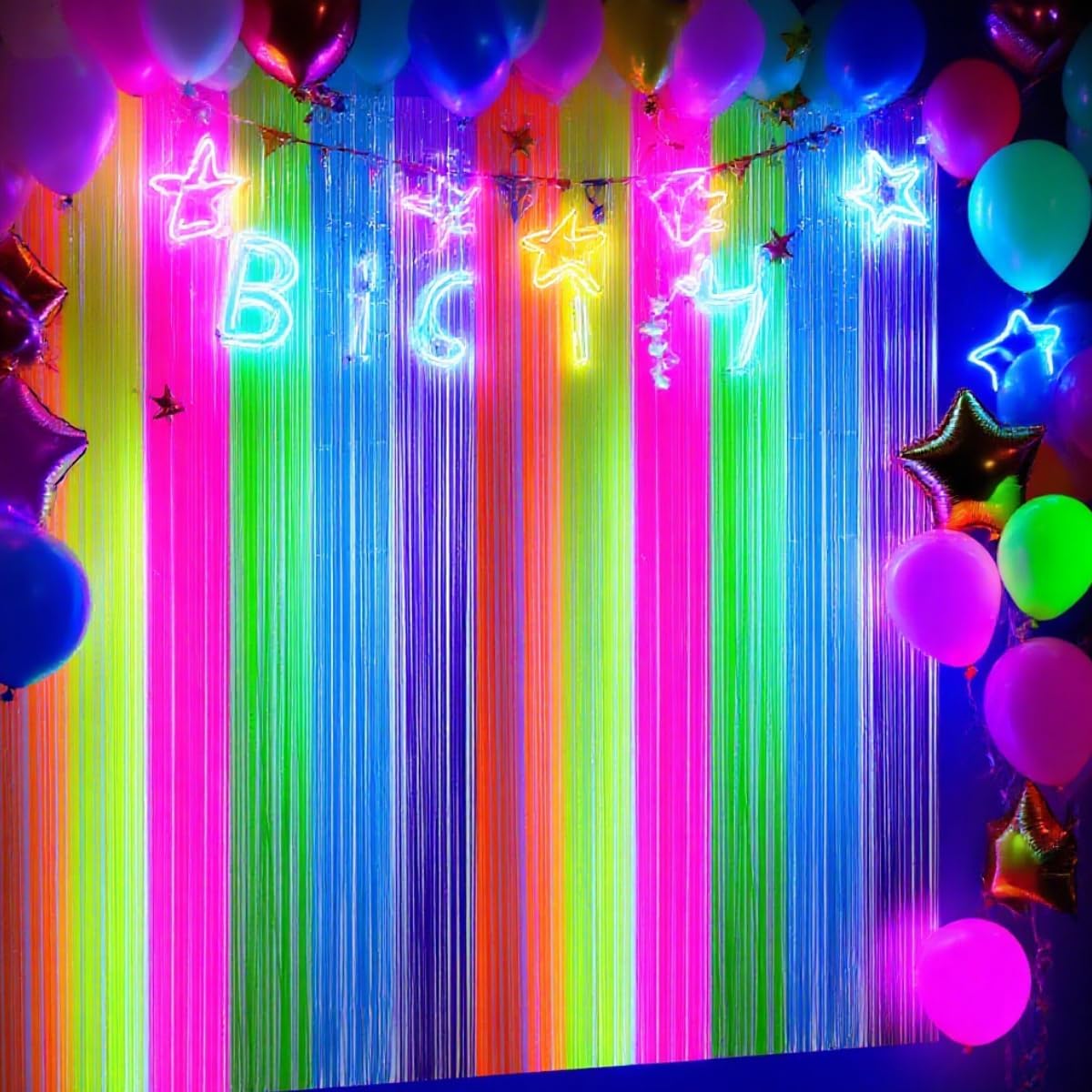 KARLOR 2 Pack Neon Tinsel Curtains, 6 Rainbow Colours, Fluorescent Foil ...