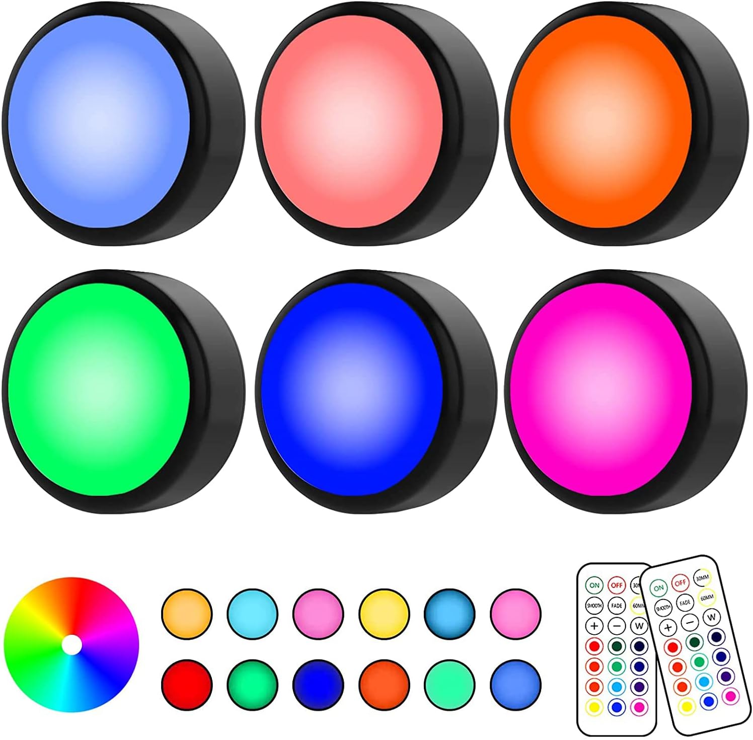 Under Cabinet RGBW Color Changing Puck Lights - 6 Pack Battery Powered ...