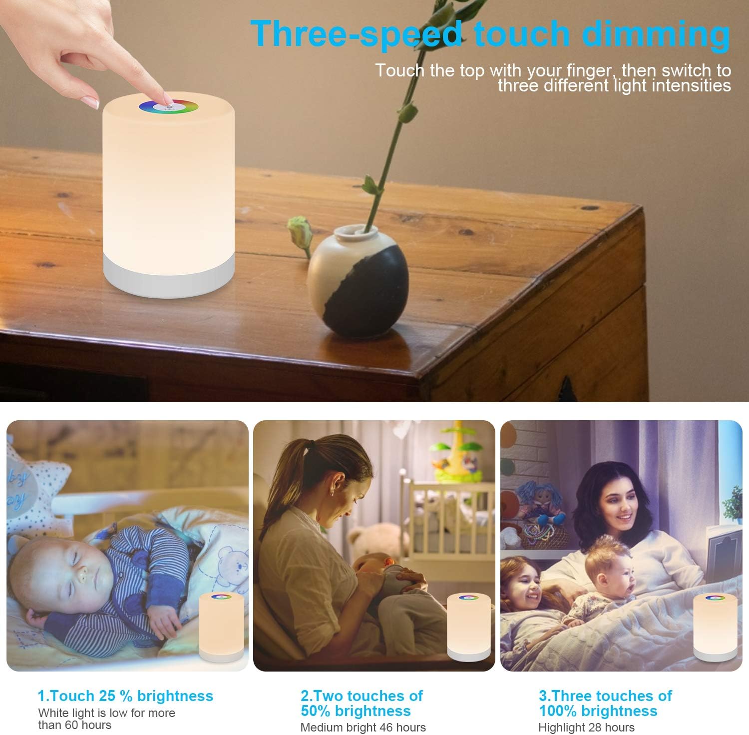 LED Night Light, Touch Control Bedside Table Lamp RGB Color Changing ...