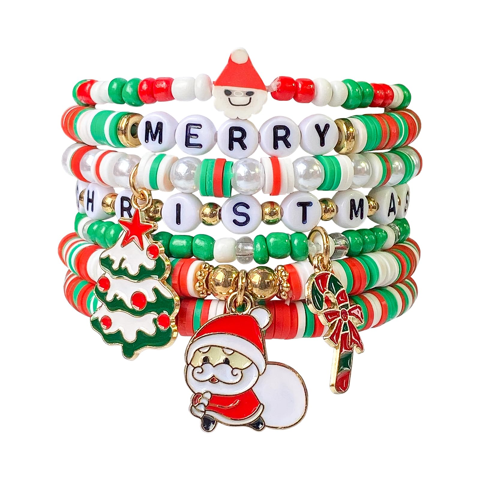 Amazon.com: 7 Pcs Christmas Bracelets Heishi Surfer Bracelet Beaded ...