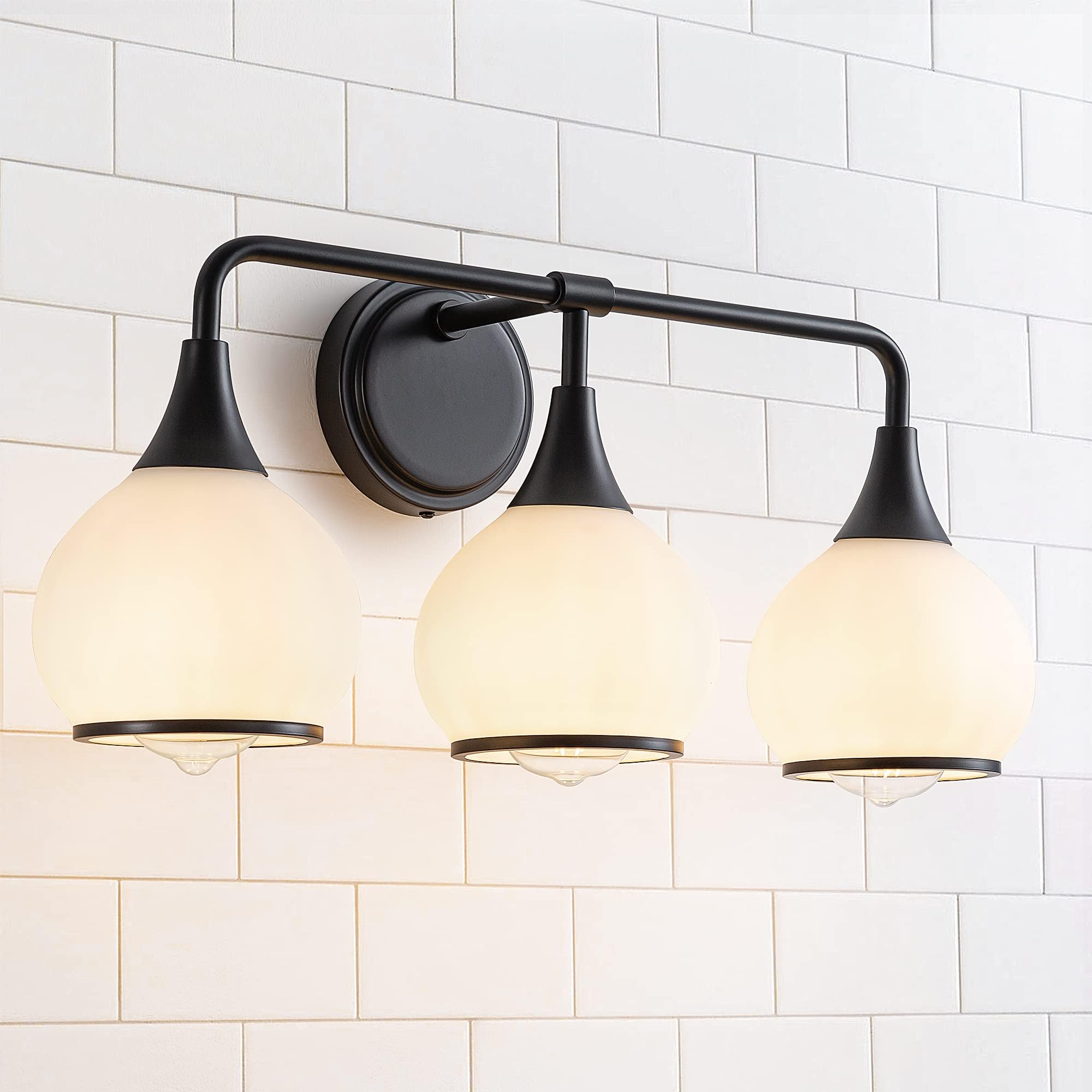 HAHZT Black Bathroom Light Fixtures 3-Lights Vanity Lights with Milky ...