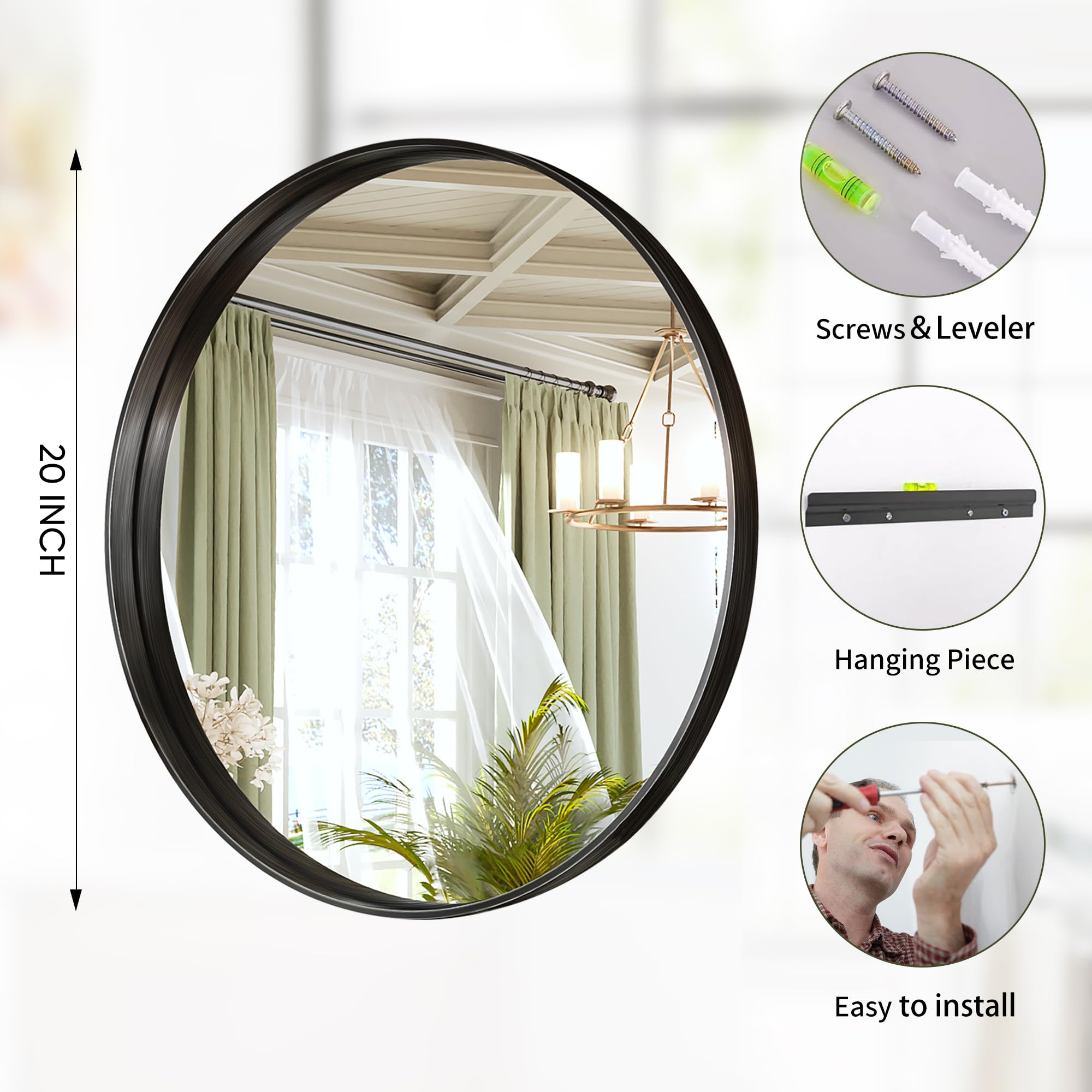 Wall Mirror, Black Metal Frame Mirror 20 inch, Round Wall Mirror for ...