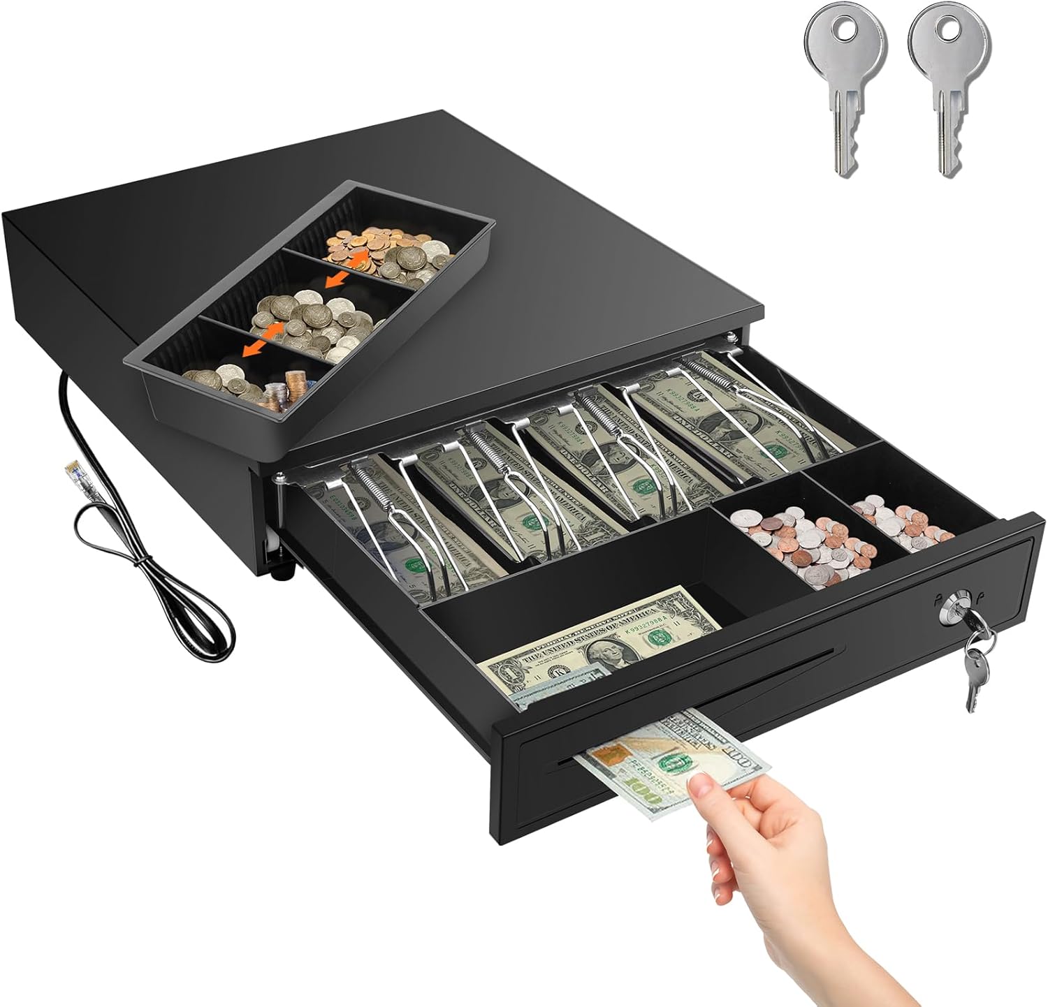 14.56" Auto Open Cash Register Drawer, Portable POS Cash Box with 4 ...
