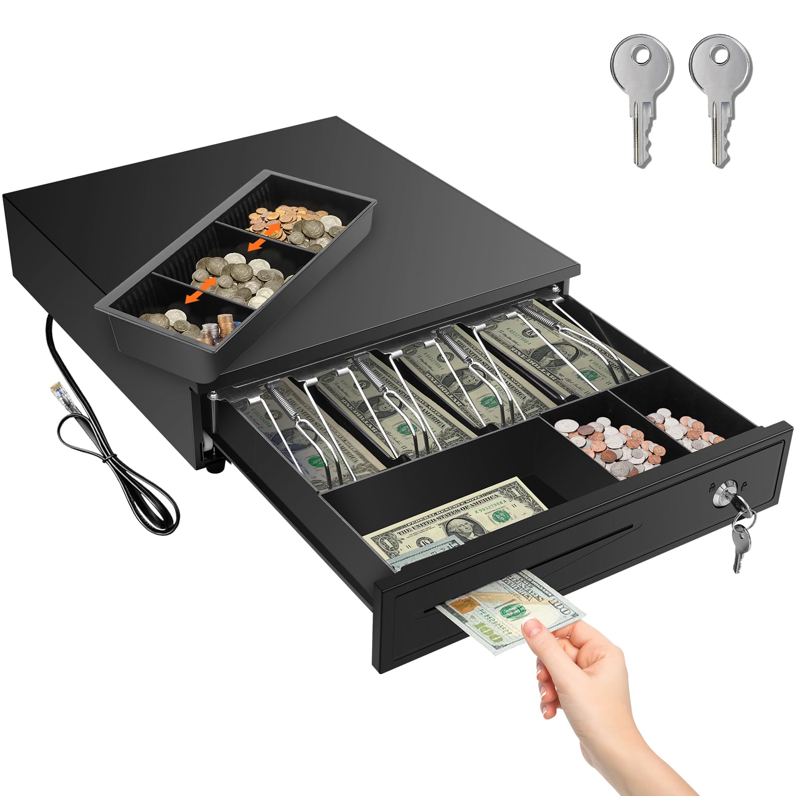 14.56" Auto Open Cash Register Drawer, Portable POS Cash Box with 4 ...