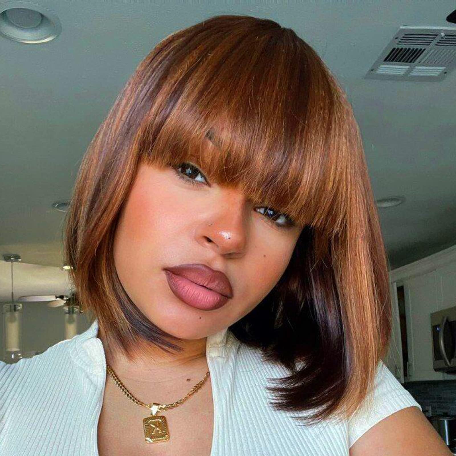 ToyoTress Brown Bob Wigs With Bangs - 10 Inch Short Light Yaki Straight ...