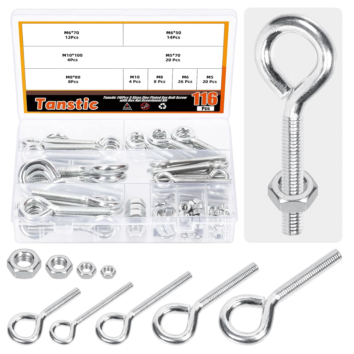 Tanstic 116Pcs Eye Bolt with Nut Assortment Kit, M5 M6 M8 M10 Zinc-Plated Carbon Steel Eye Hooks ...