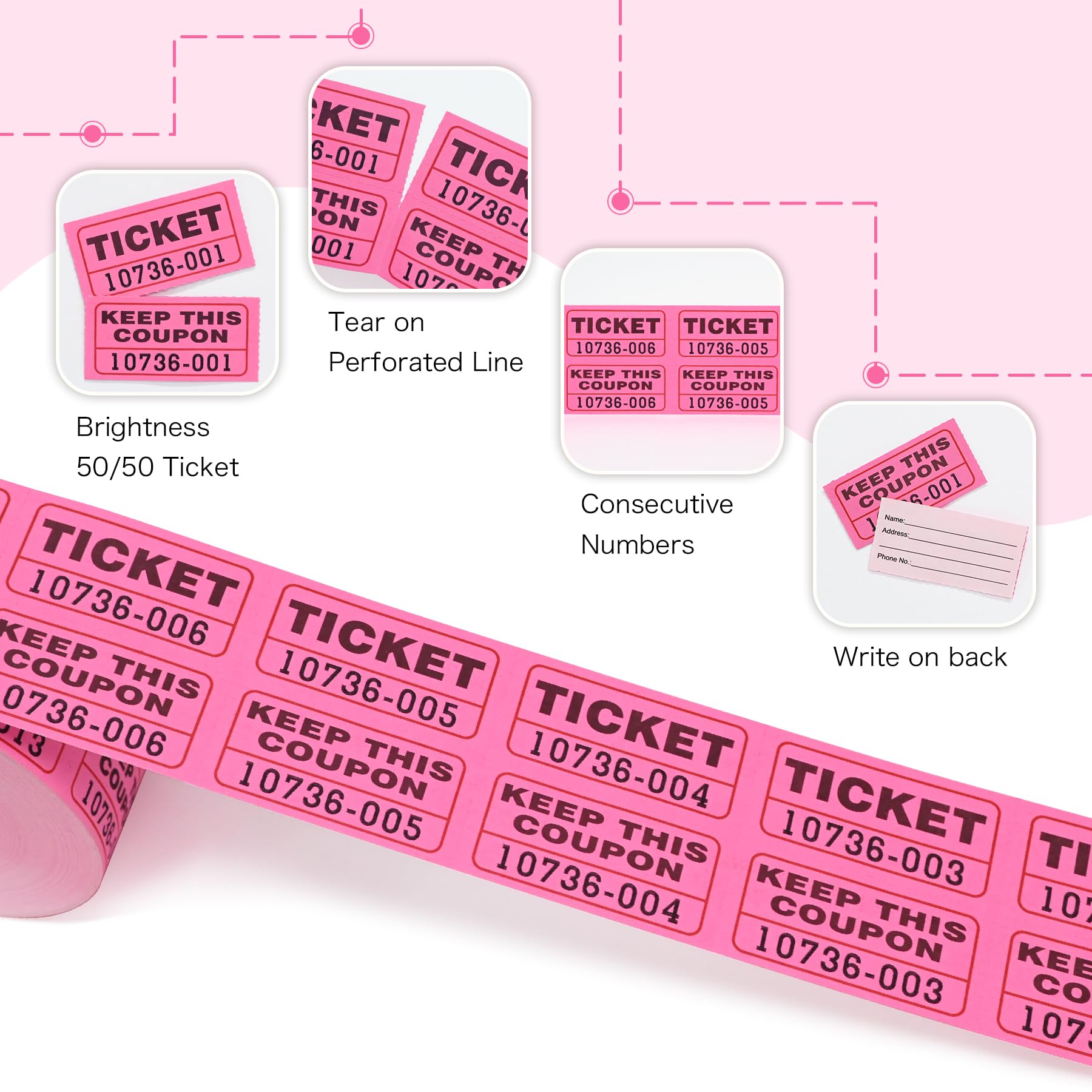 Snapklik.com : 1000 Raffle Tickets,Neon Pink,Self Adhesive,Double Rolls ...