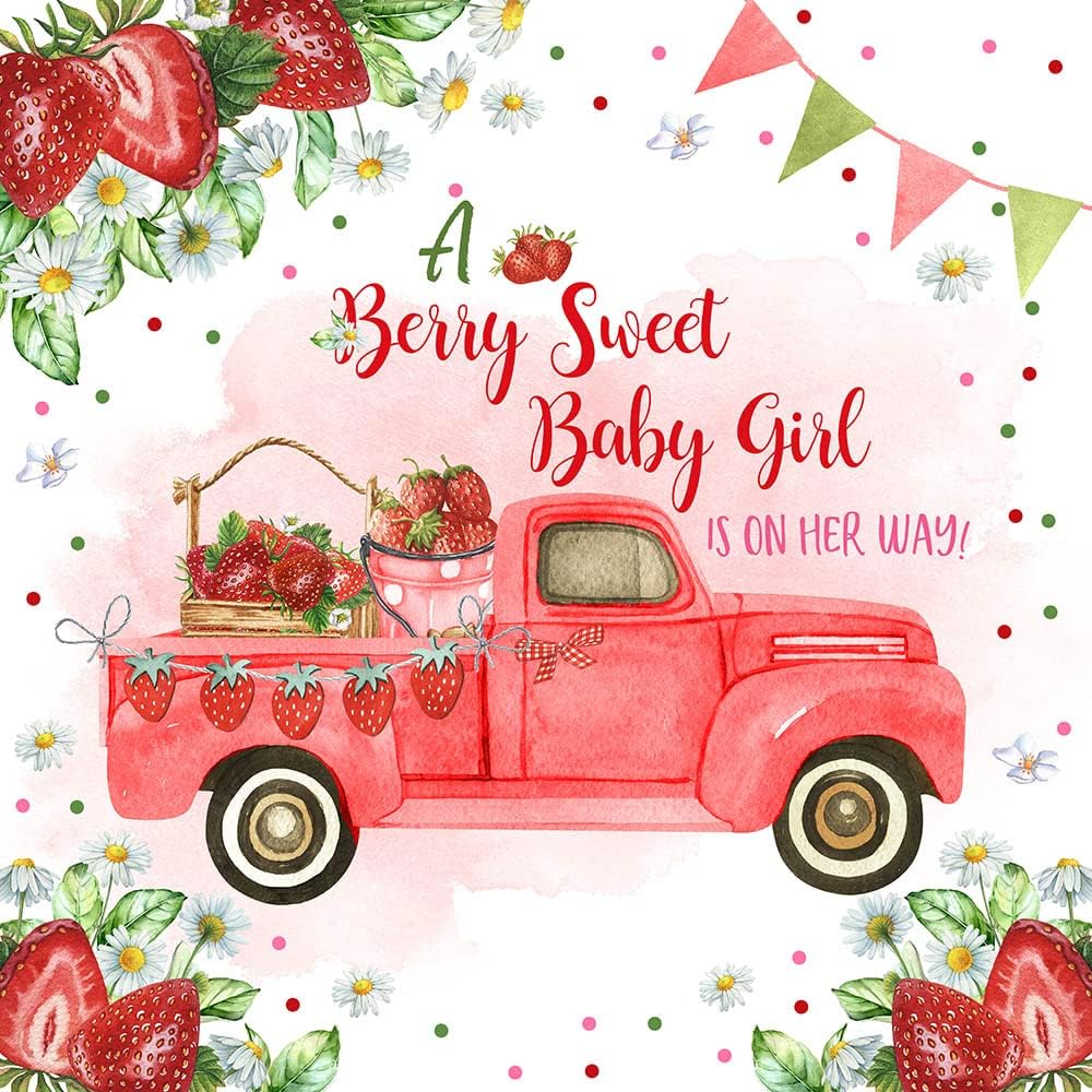 Amazon.com : Mocsicka Strawberry Baby Shower Backdrop for Girl A Berry Sweet Baby Girl is On Her ...
