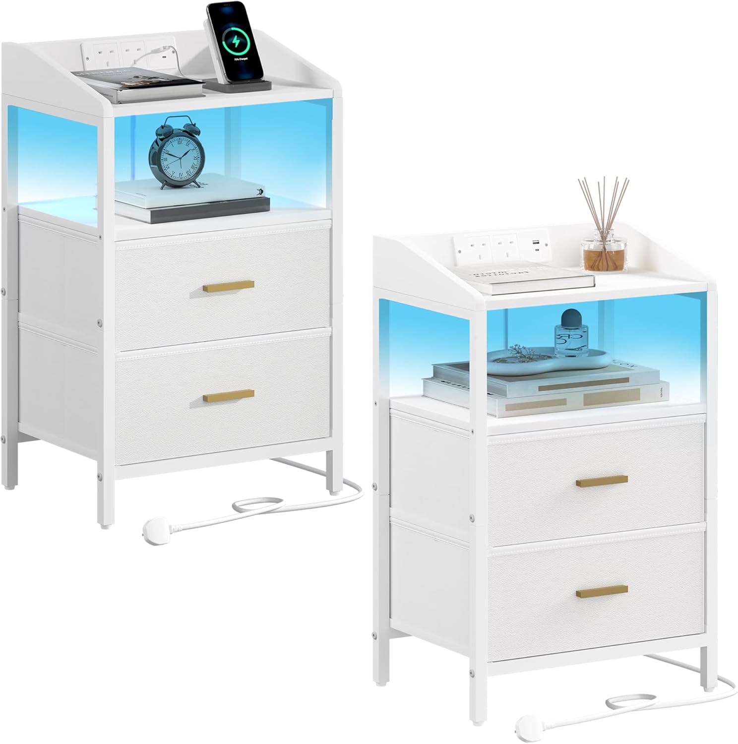 Hzuaneri Bedside Tables Set of 2 with LED Lights and Charging Station ...