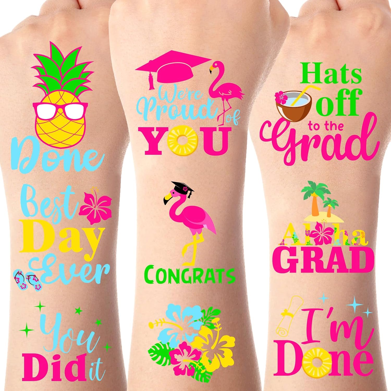 Amazon.com : JOYMEMO 12 Sheets Aloha Grad Temporay Tattoos - Tropical ...
