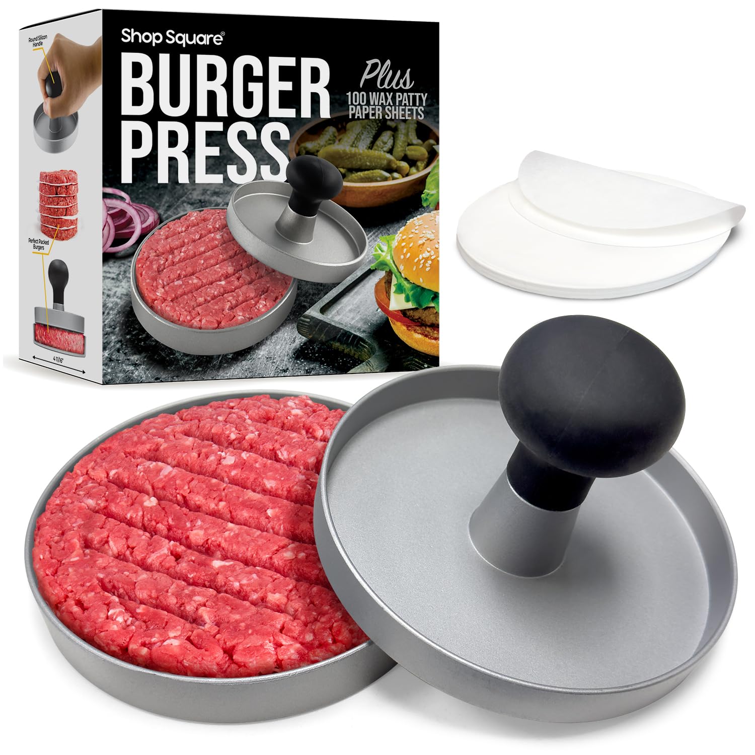 Amazon.com: Shop Square Burger Press Patty Maker with 100 Patty Papers ...