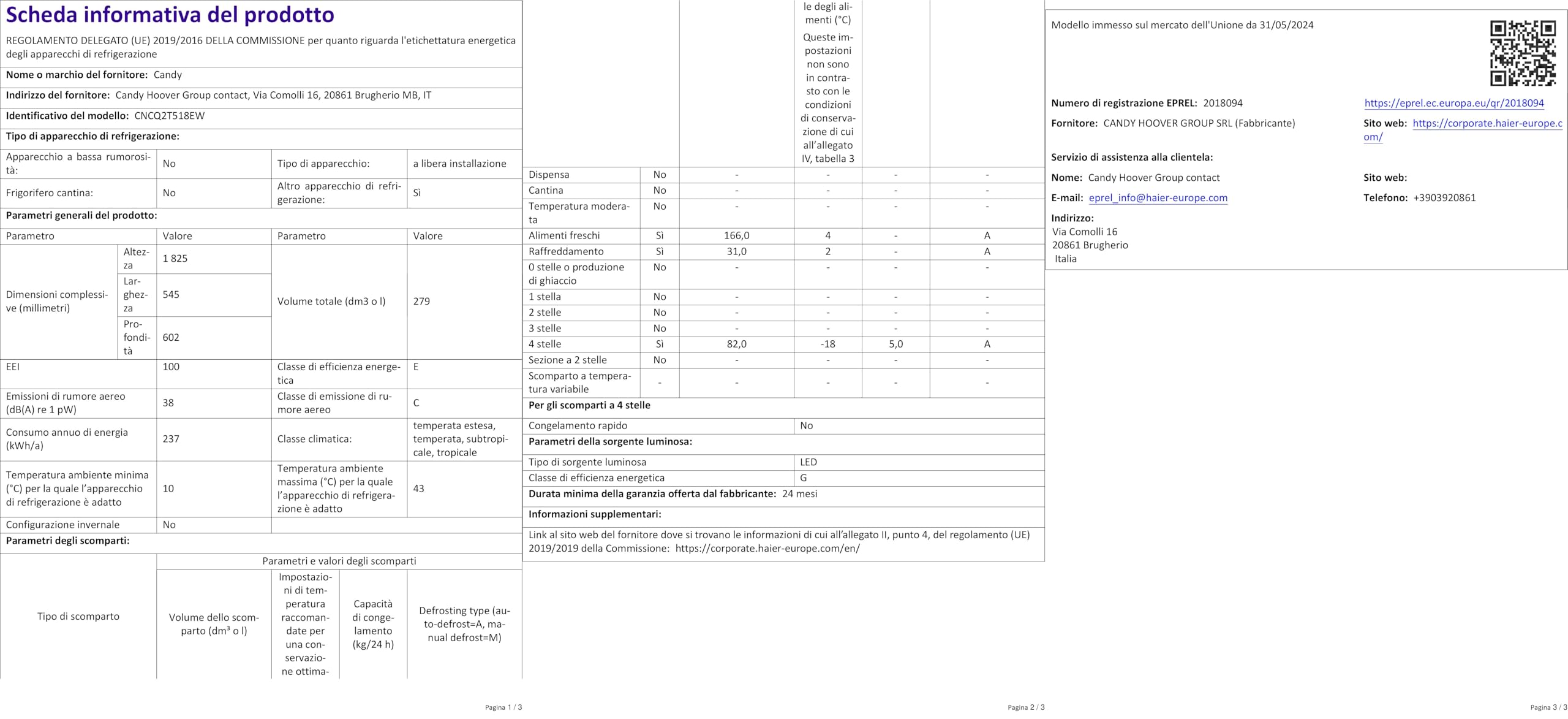 Candy Fresco 300 CNCQ2T618EX Frigorifero Combi, Capacità 355L, Total No ...