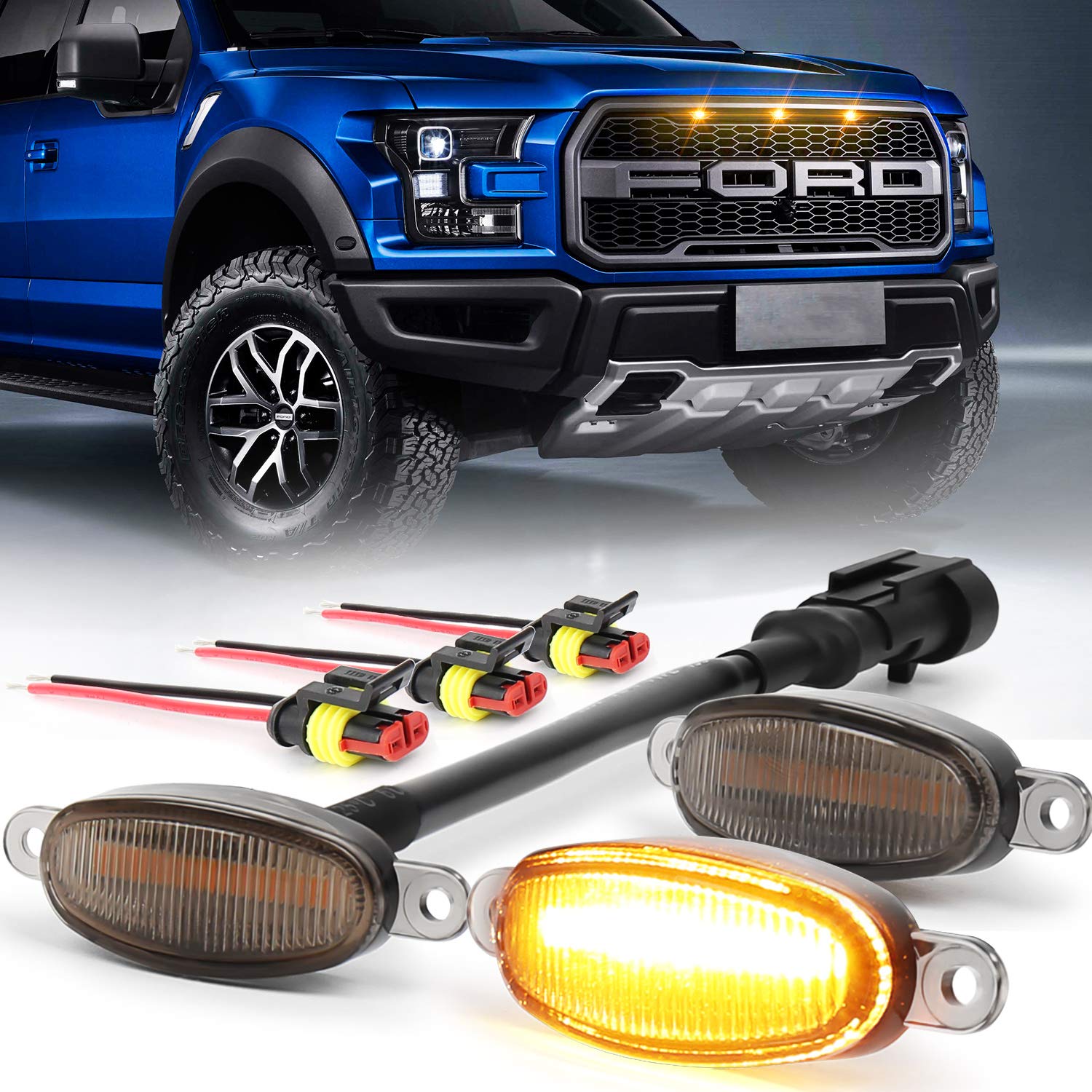 Buy Raptor Grille Lights Smoke Lens Amber Beam with Connectors for Ford ...