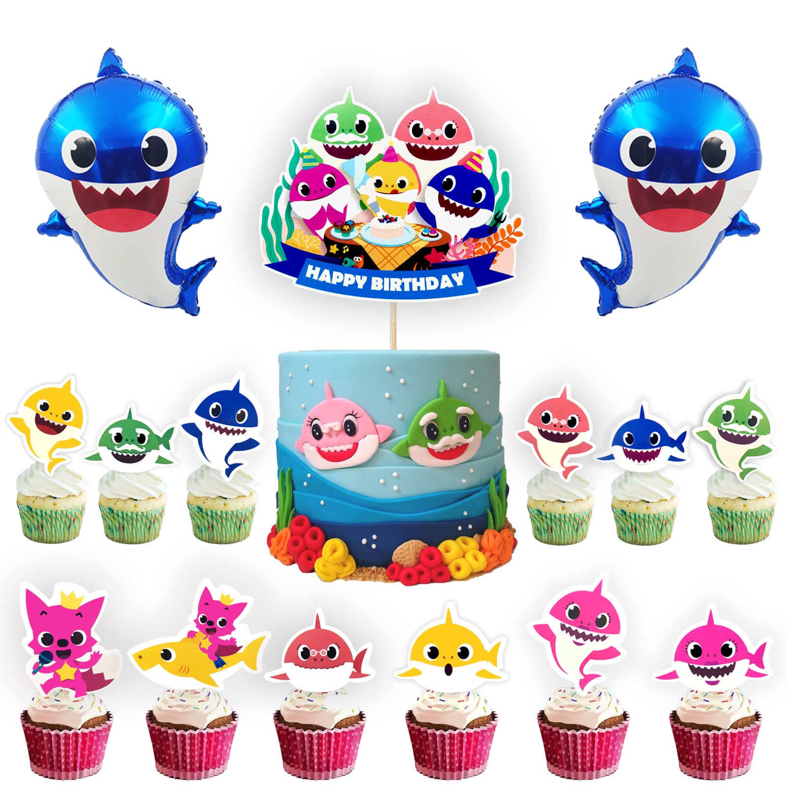Buy Cute Shark Baby Cupcake Toppers Shark Balloon Set 15Pcs -Cartoon ...