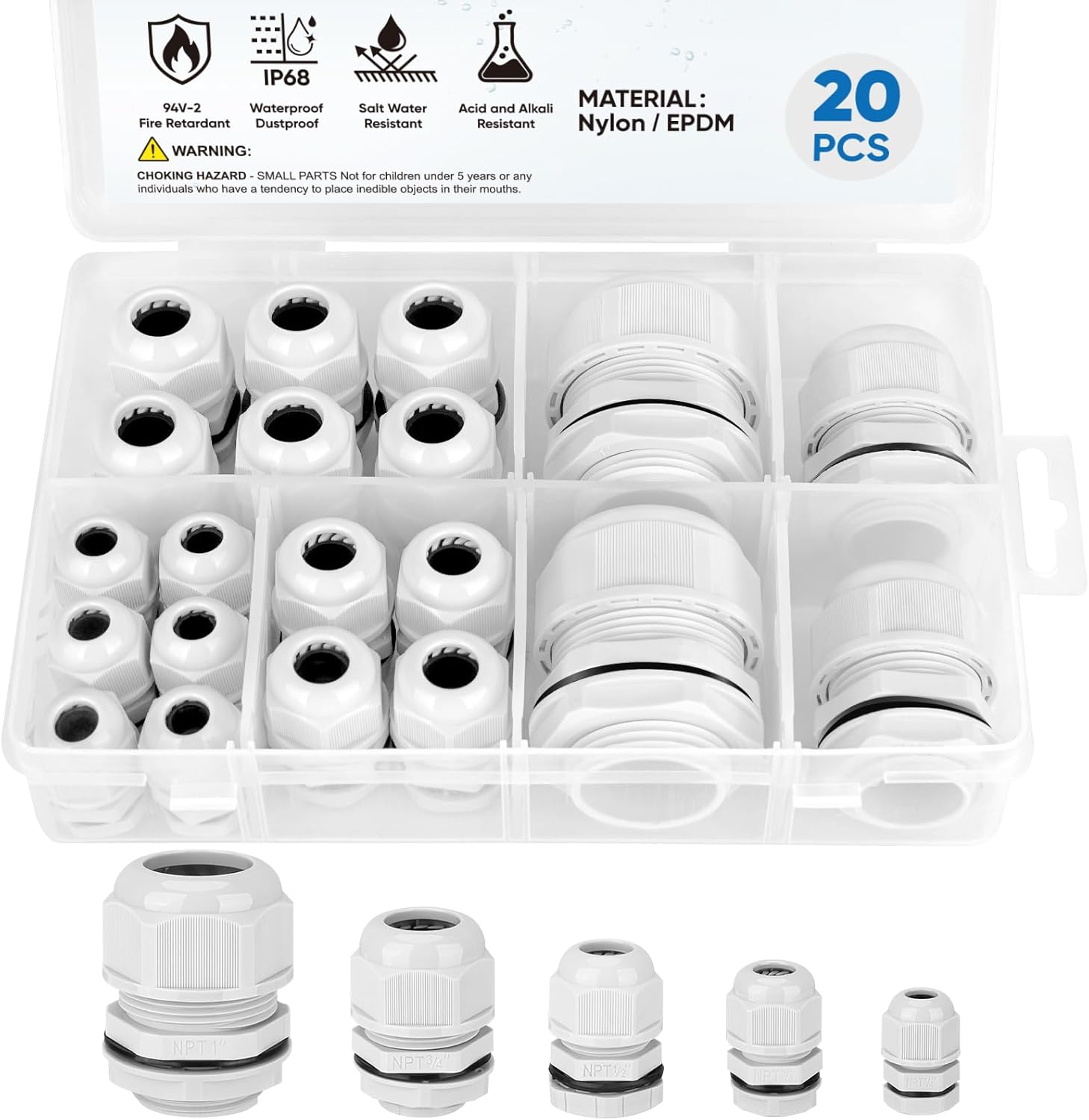 TICONN 20 Pcs IP68 Waterproof Cable Gland Kit Nylon NPT Adjustable ...