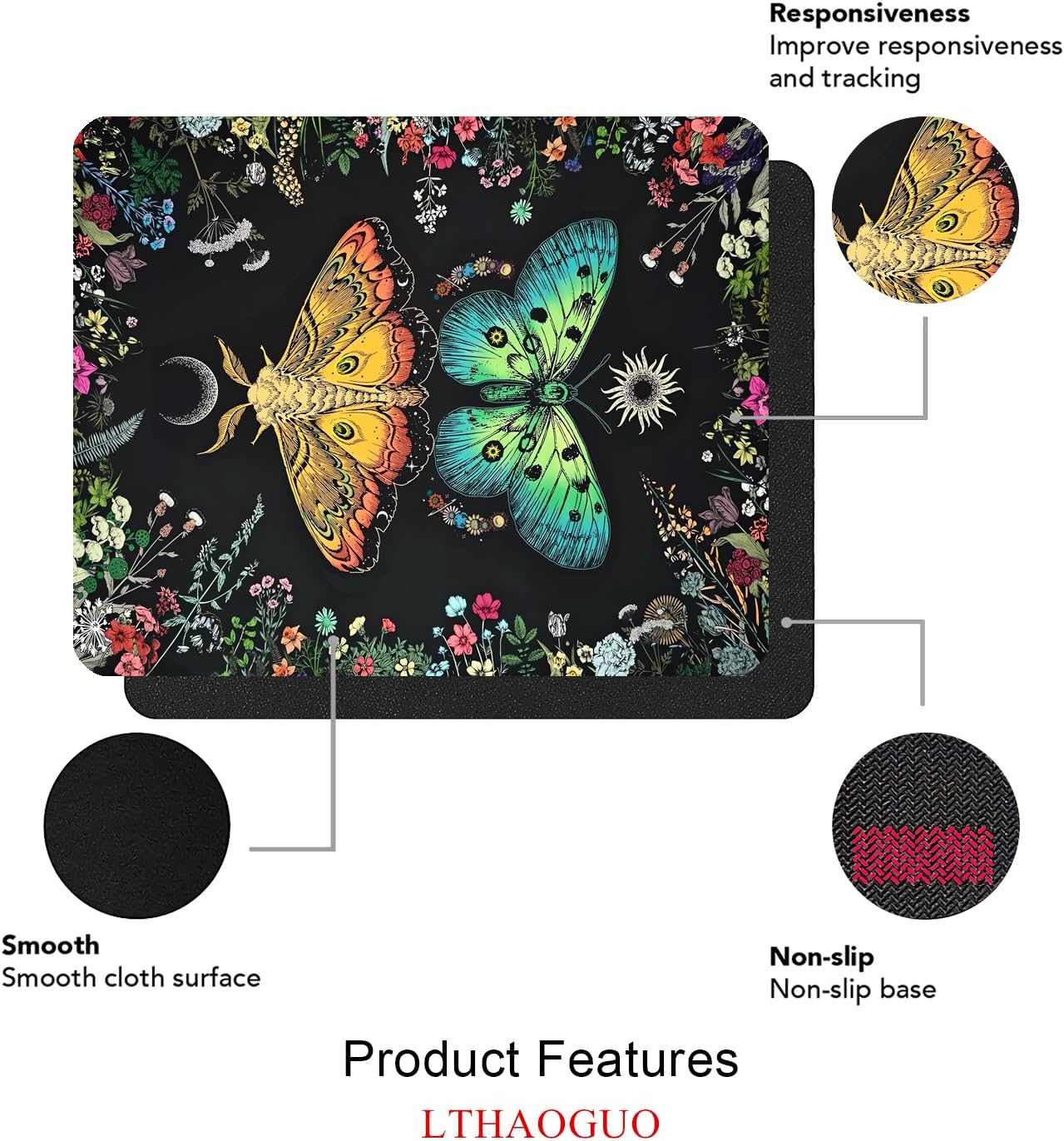 Boho Butterfly Moth Mouse Pad, Moon Flowers Plants Mousepad, Non-Slip ...
